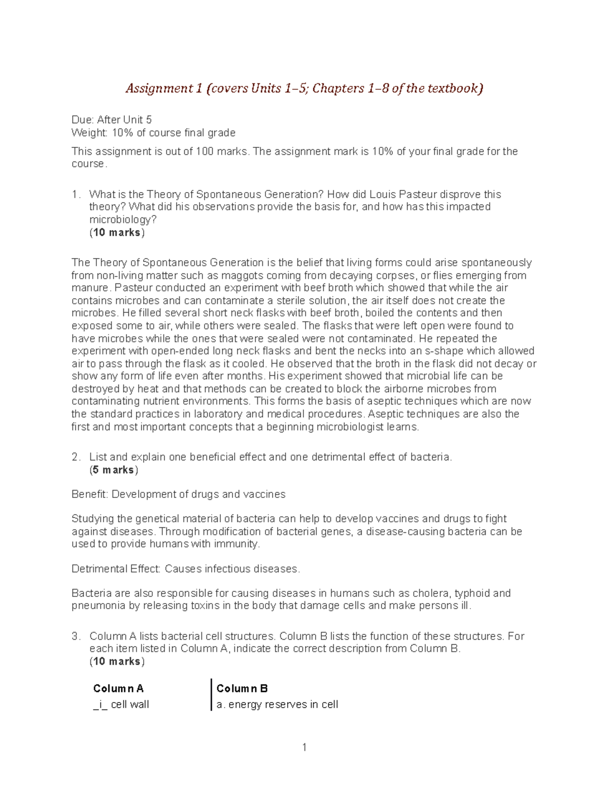 Microbiology Assignment 1 - Assignment 1 (covers Units 1–5; Chapters 1 ...