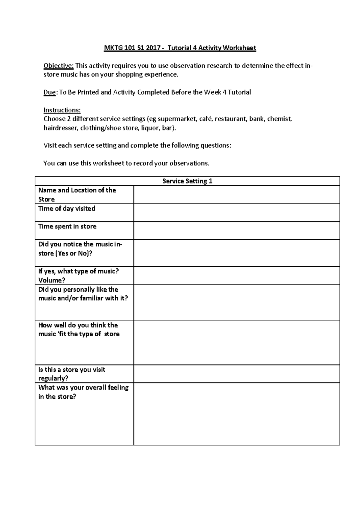 MKTG101 - S1 2017 - Week 4 -Tutorial Activity Sheet - MKTG 101 S1 2017 ...