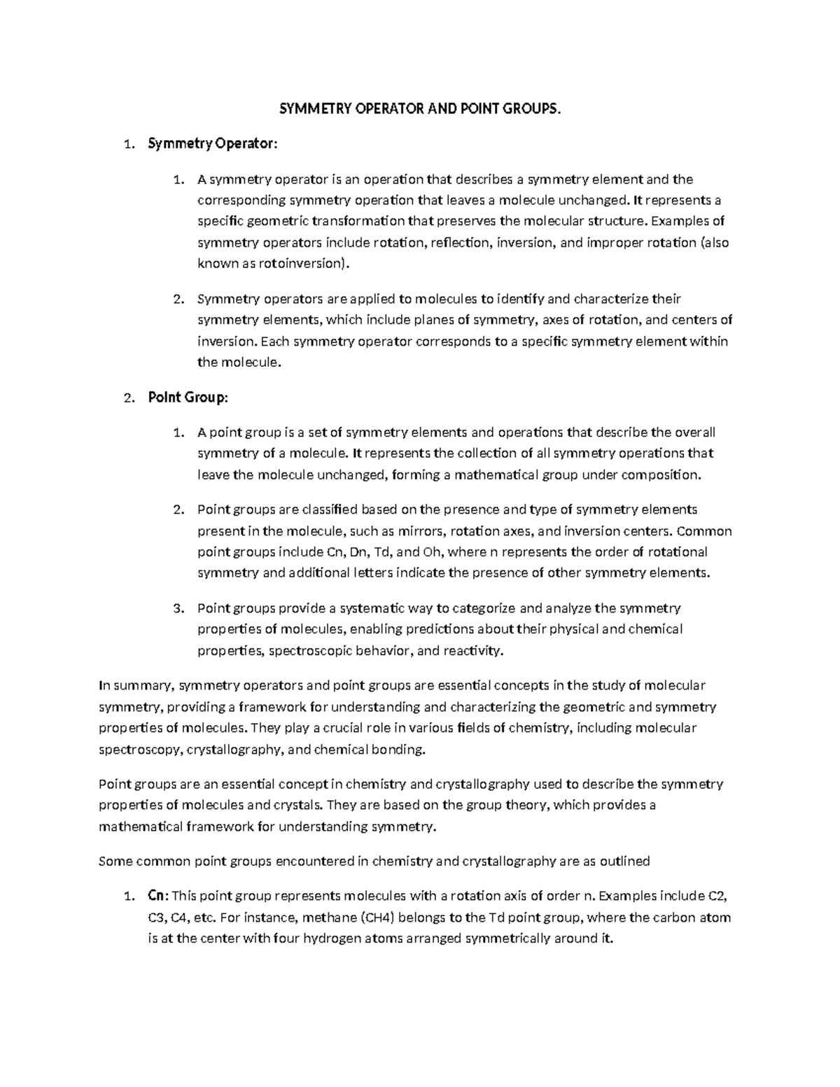SCH 2204 lecture 4 - SYMMETRY OPERATOR AND POINT GROUPS. Symmetry ...