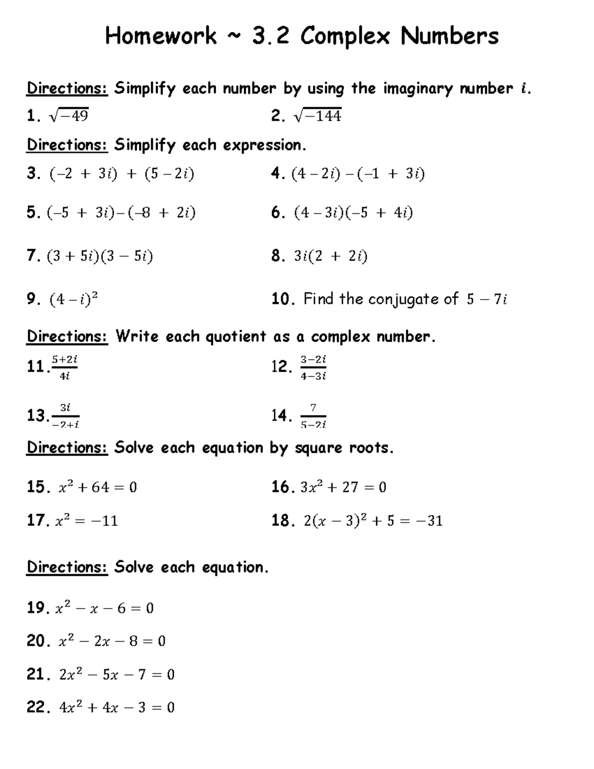 Homework 3 - quiz answers - Homework ~ 3 Complex Numbers Directions ...