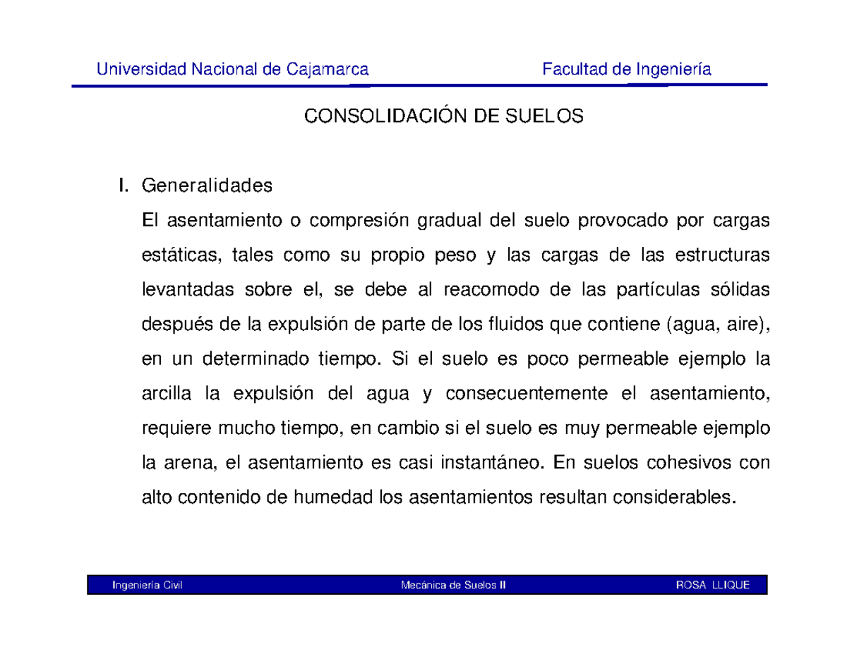 Consolidación De Suelos - CONSOLIDACIÓN DE SUELOS I. Generalidades El ...