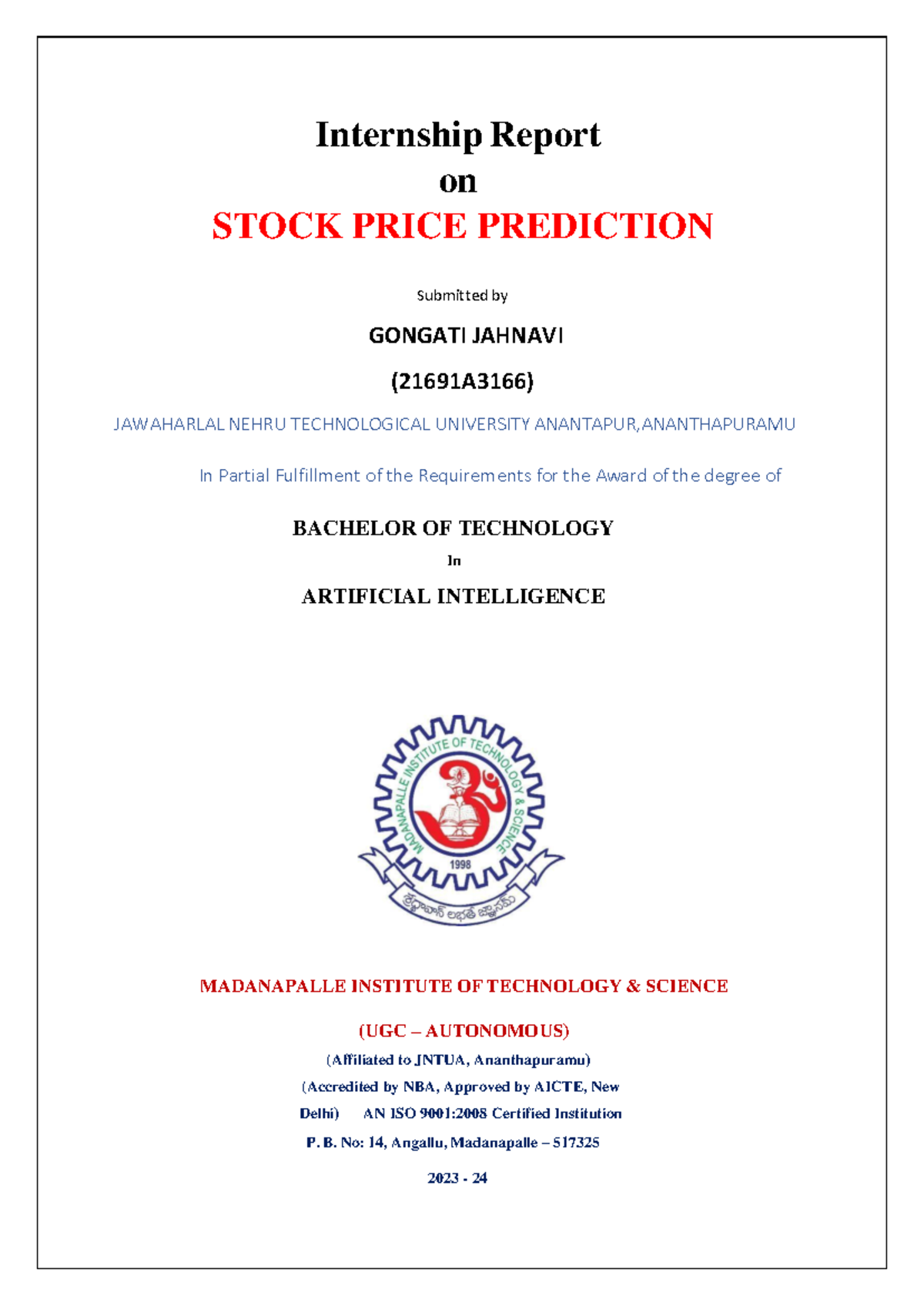 Internship report - ku;g[98p7g;iuhj.mm - Internship Report on STOCK ...