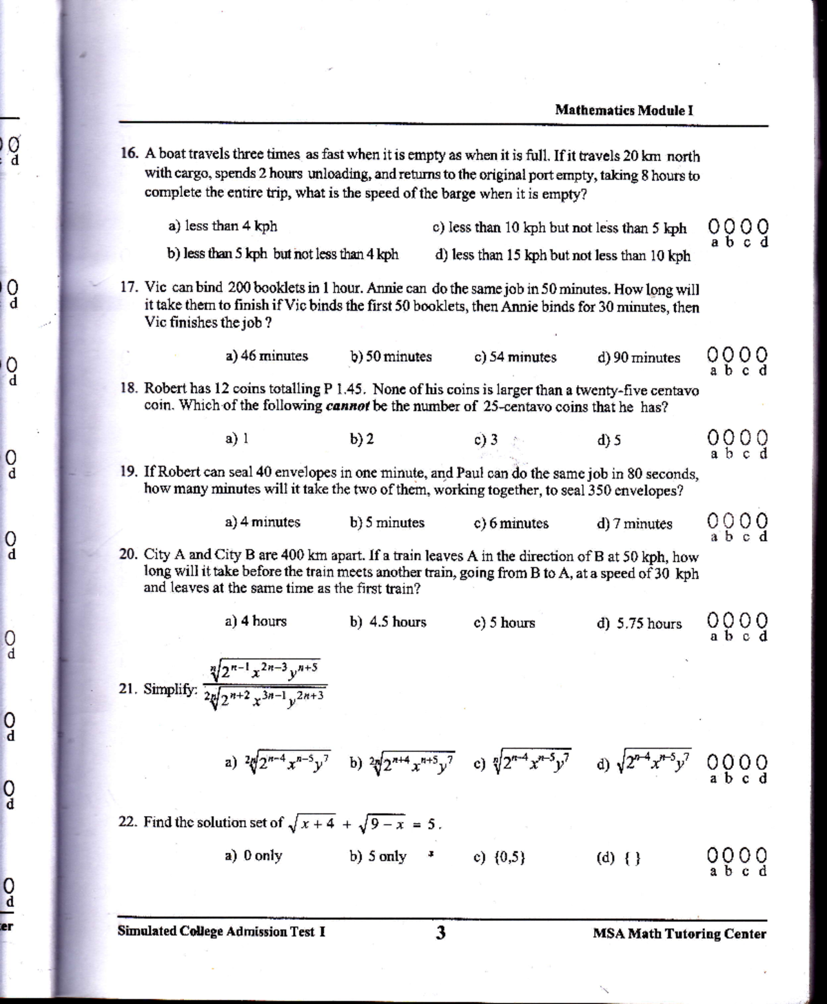 MCQ Upcat Exam 017 - Mathematics Module I ) ;d l rd r d 0 d 0 d d 16. A ...
