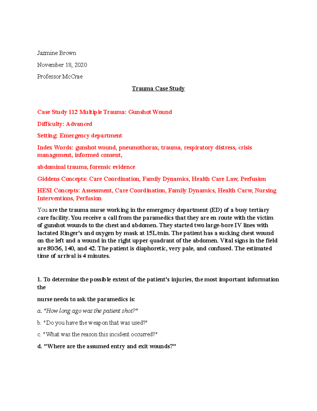 Multiple Trauma (2) student - Jazmine Brown November 18, 2020 Professor ...