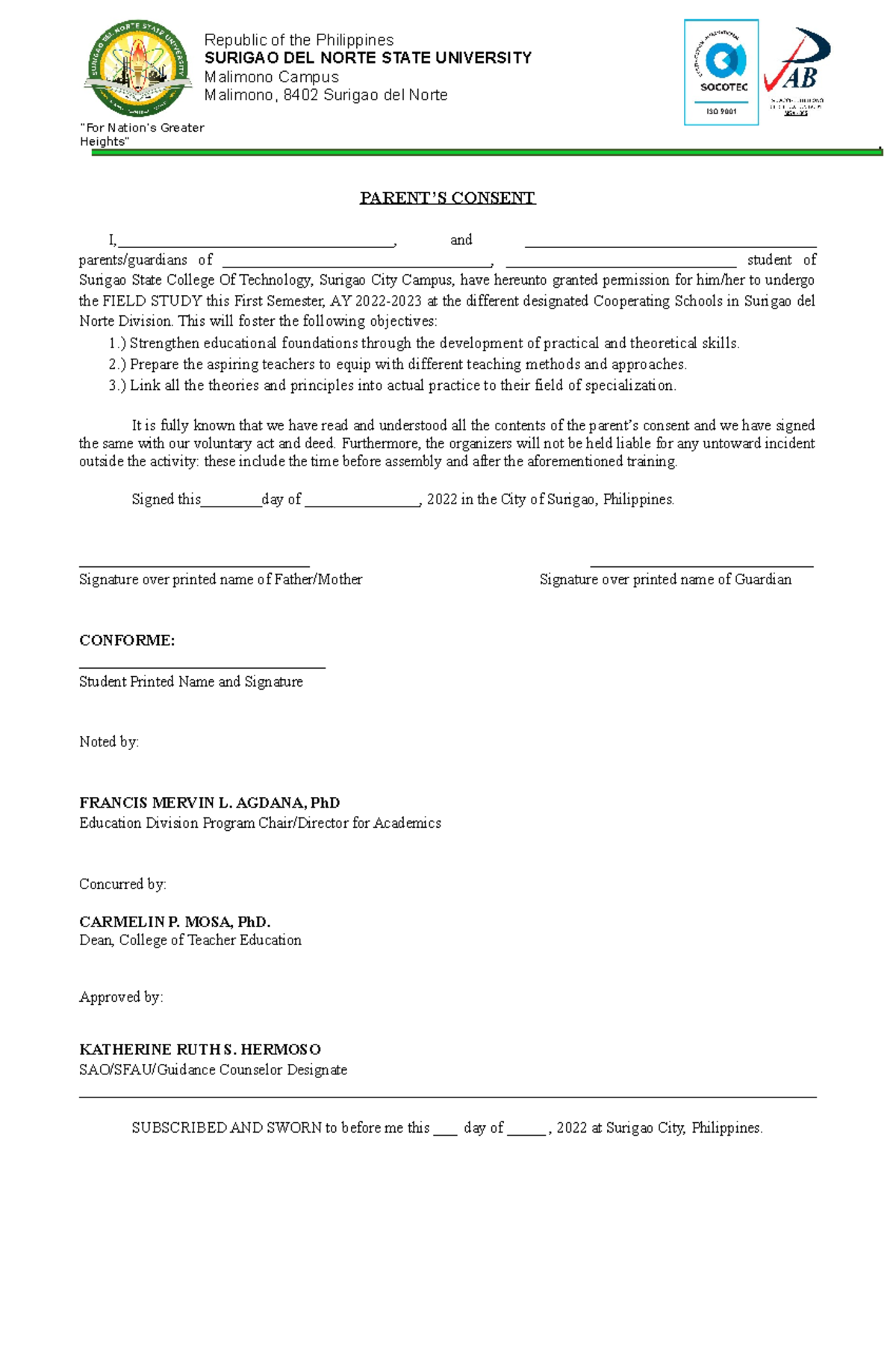 Parents Consent FOR Field Study - PARENT’S CONSENT I