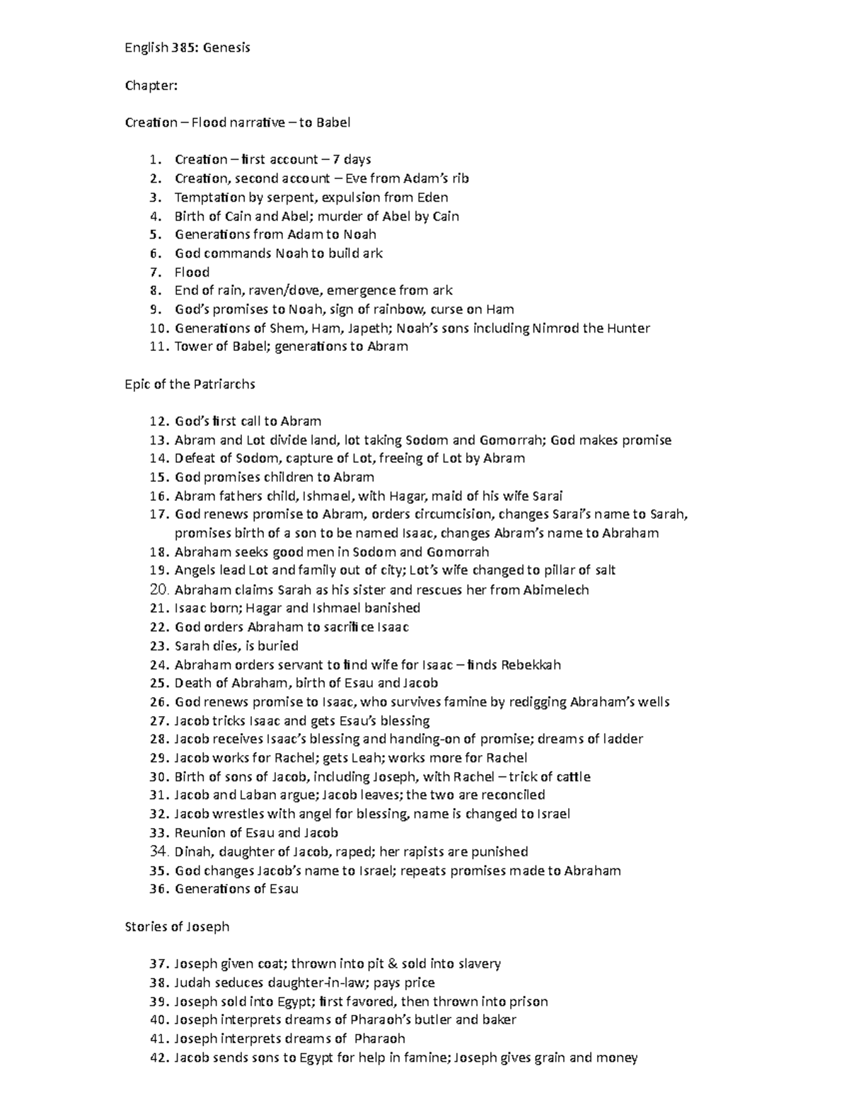 English 385 Genesis - Outline of Gensis - English 385: Genesis Chapter ...