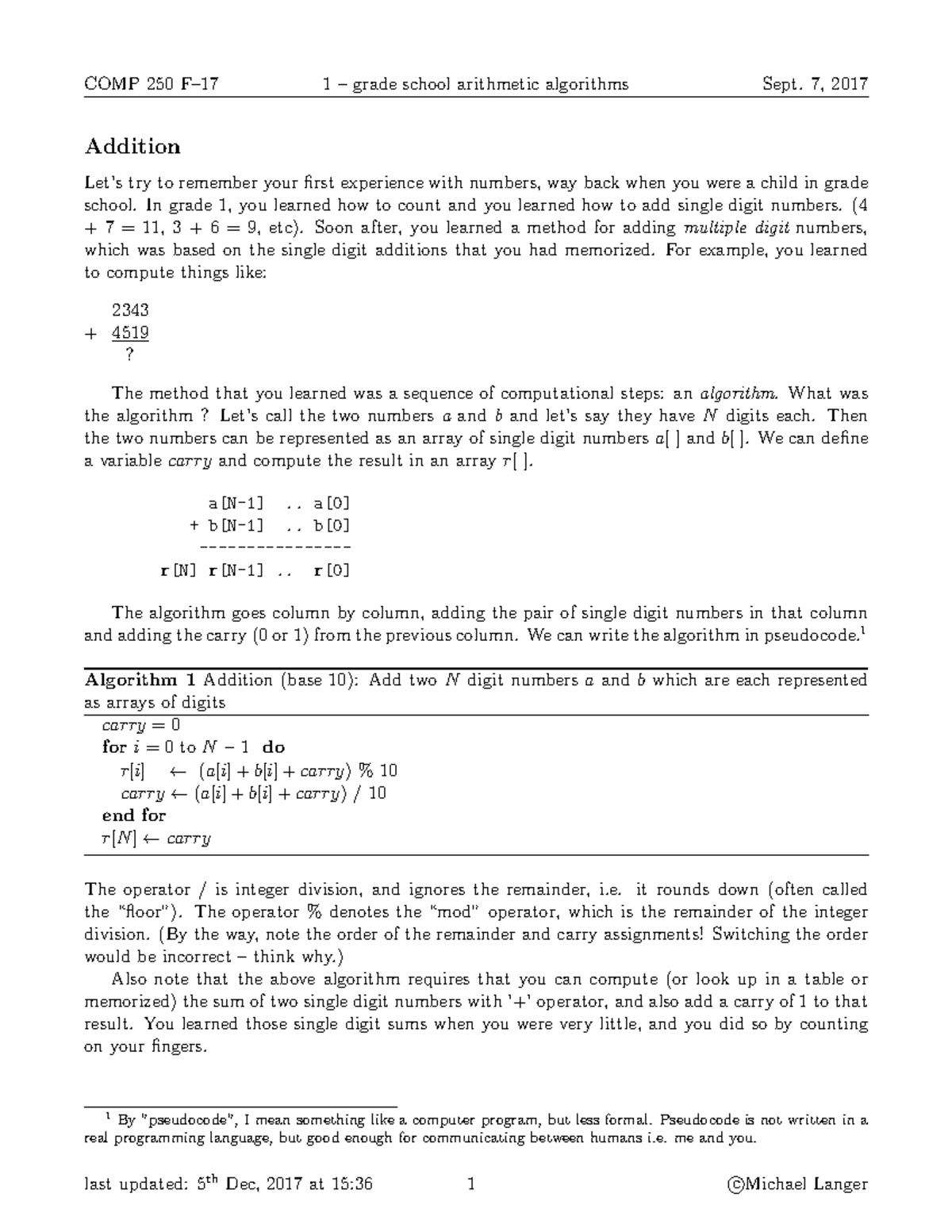 COMP 250 lecture notes - COMP 250 F–17 1 – grade school arithmetic ...