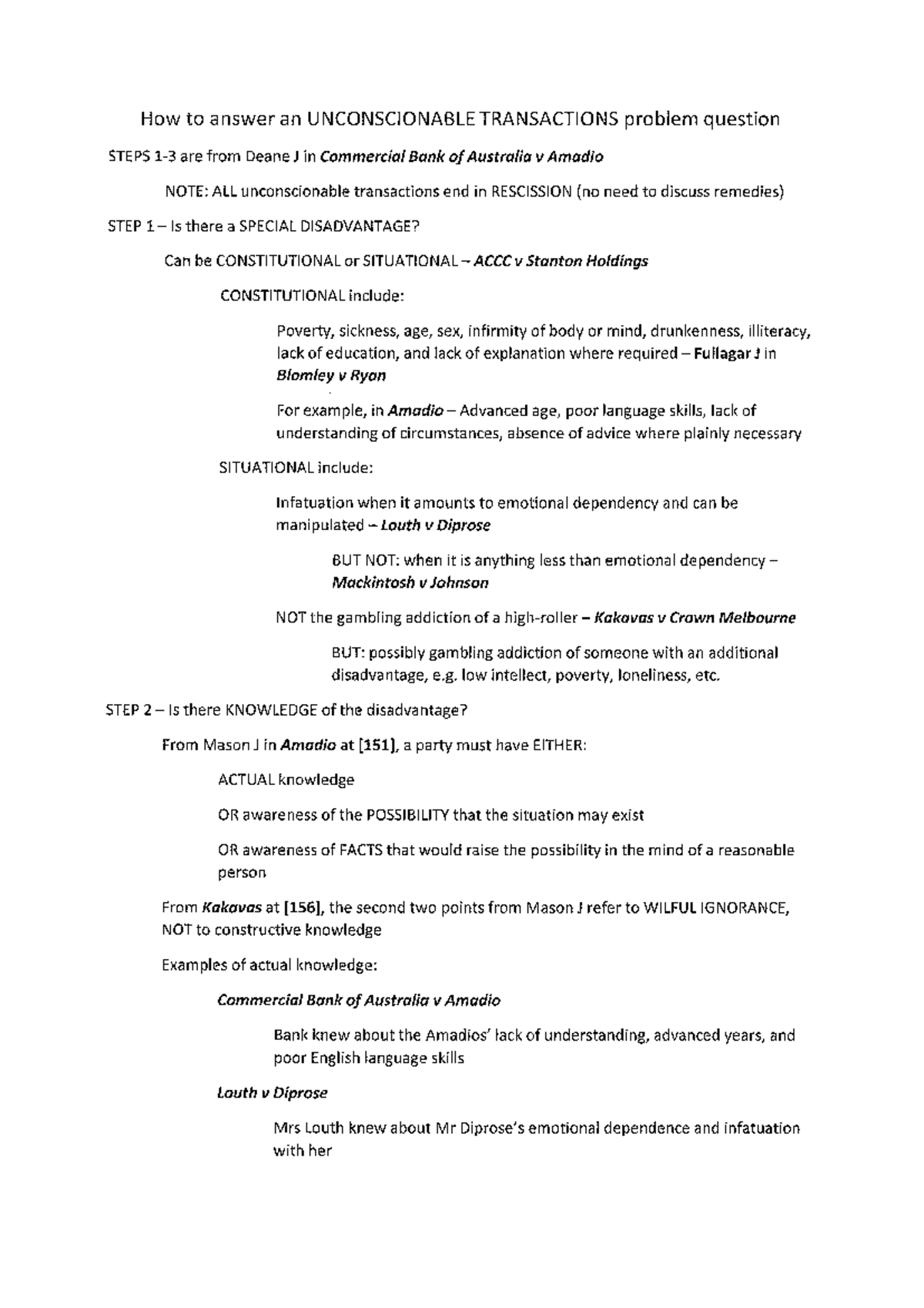 Unconscionable Conduct Notes - How to answer an UNCONSCIONABLE ...