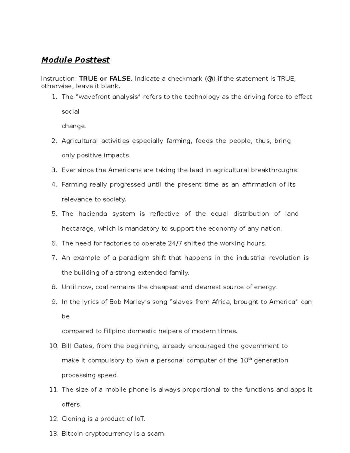 STS Post Test 2 - Module Posttest Instruction: TRUE or FALSE. Indicate ...