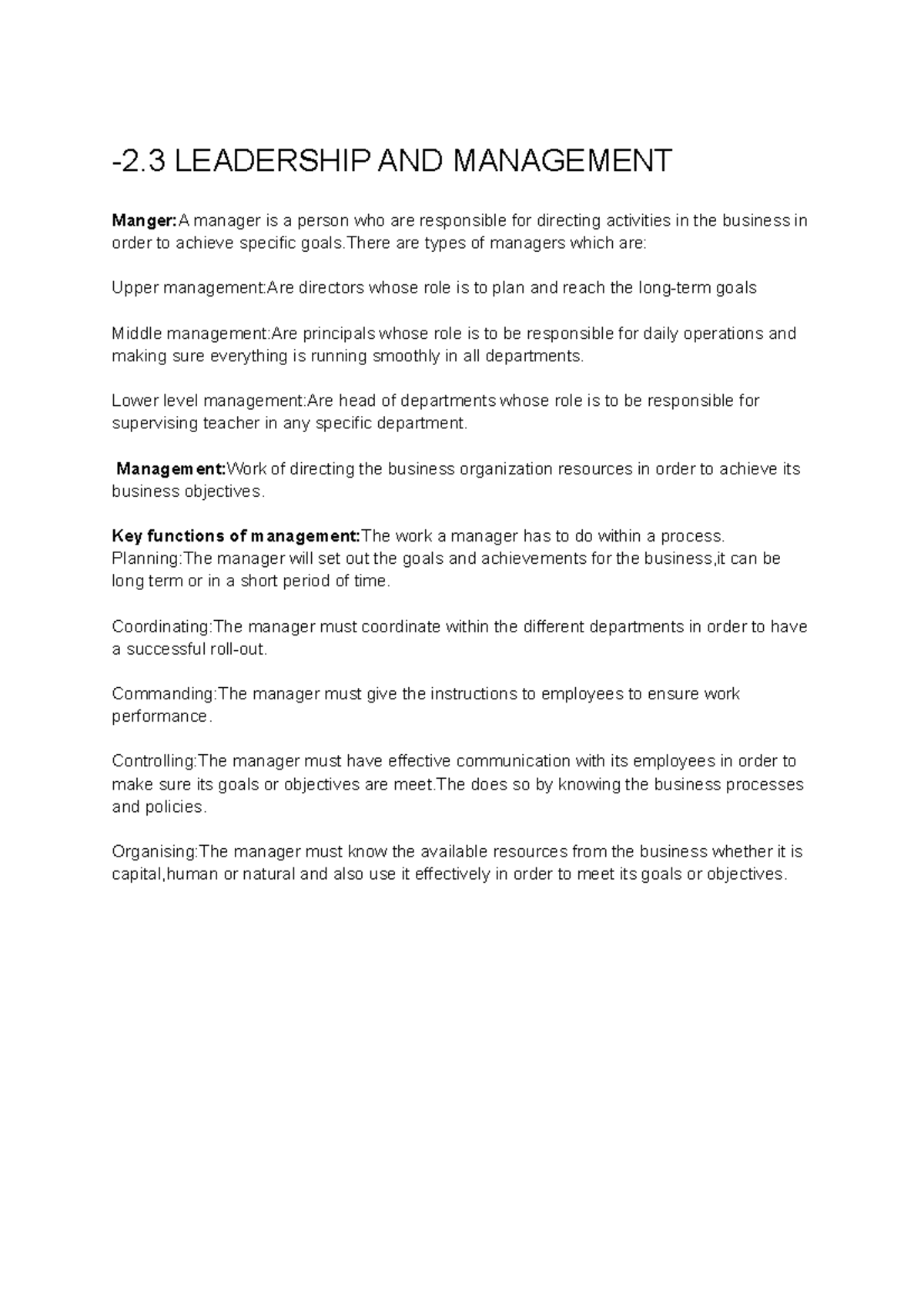 -2.3 leadership and management -2 LEADERSHIP AND MANAGEMENT Manger ...