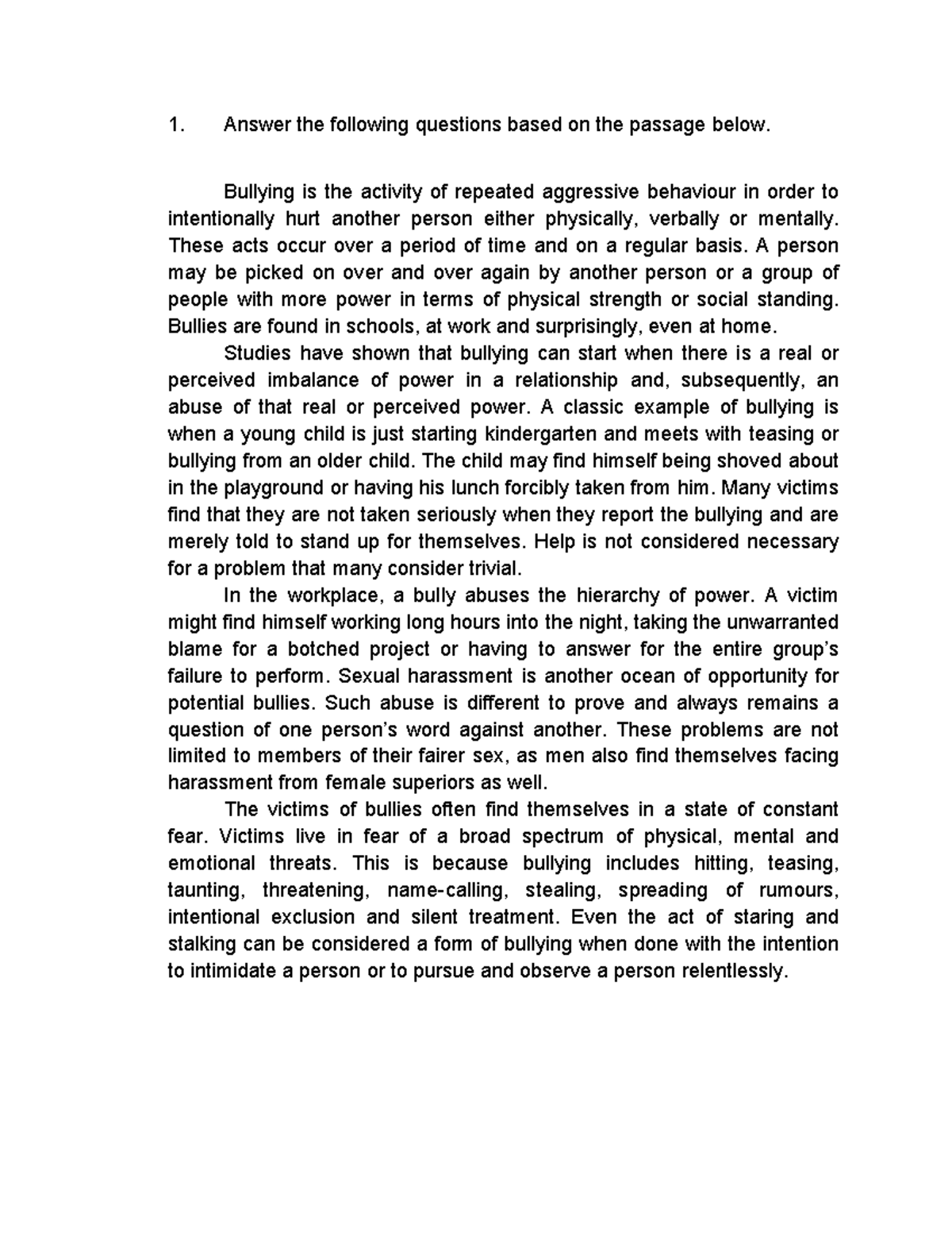 Bullying Read Comp - Answer the following questions based on the ...