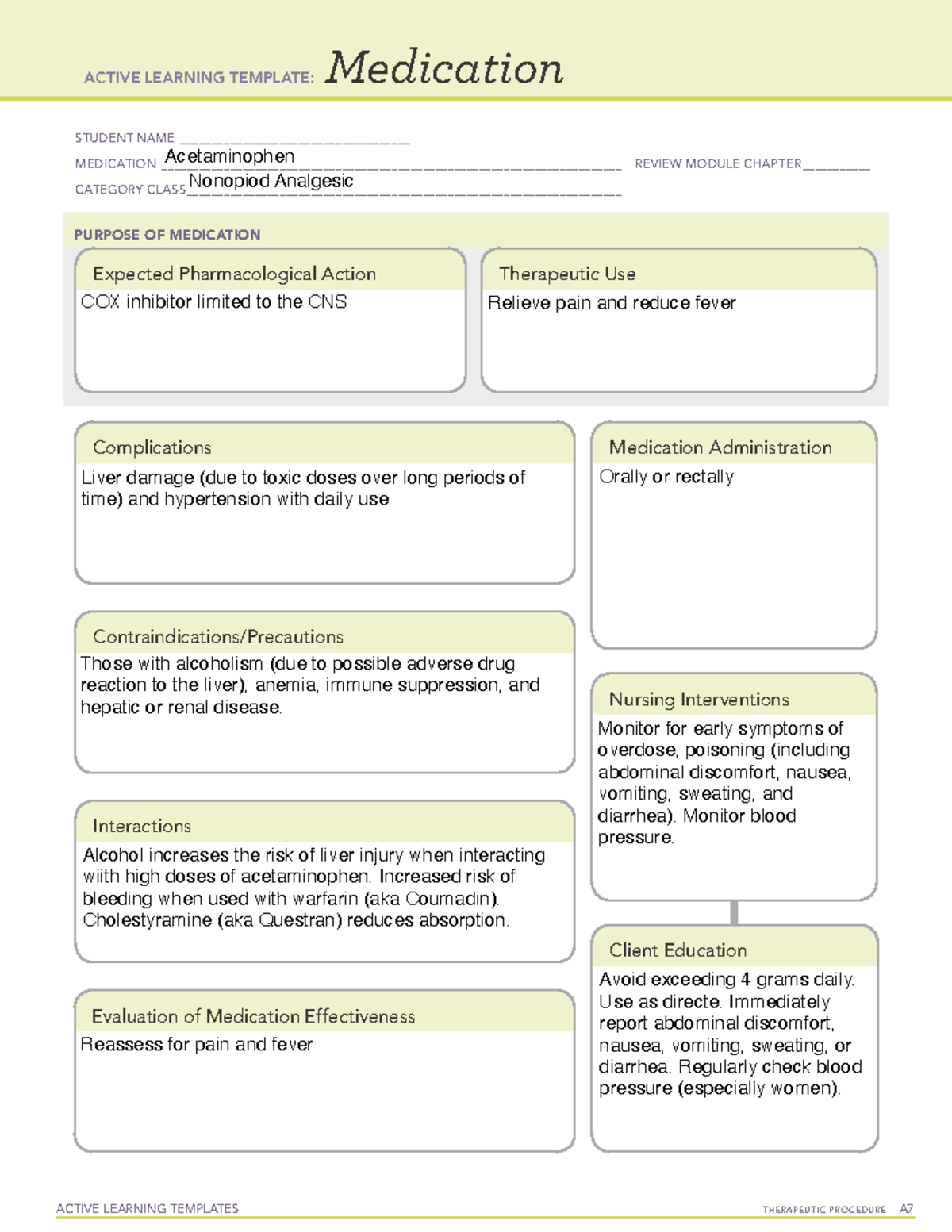 Acetaminophen - med sheet - ACTIVE LEARNING TEMPLATES THERAPEUTIC ...