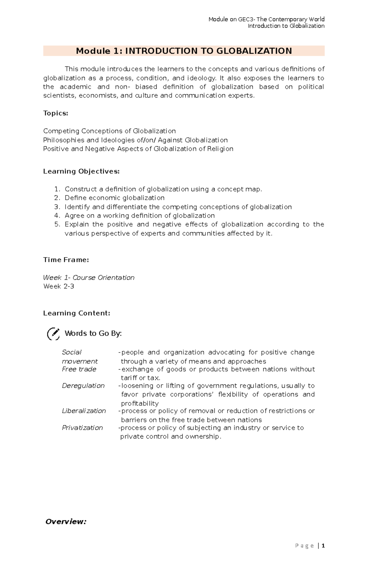 4 Intro to Globalization - Introduction to Globalization Module 1: INTRODUCTION TO GLOBALIZATION ...