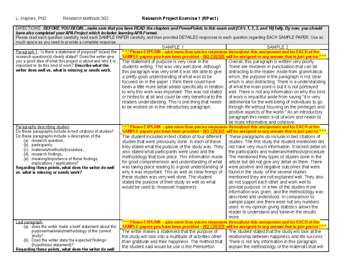 RPex1 - L. Haynes, PhD Research Methods 302 Research Project Exercise 1 ...