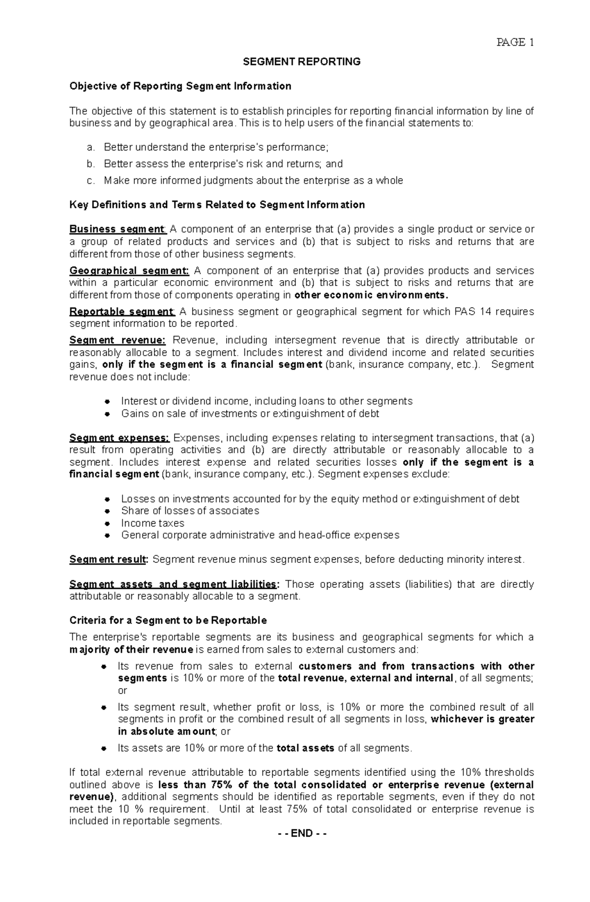 Segment Reporting - PAGE 1 SEGMENT REPORTING Objective of Reporting Segment Information The ...