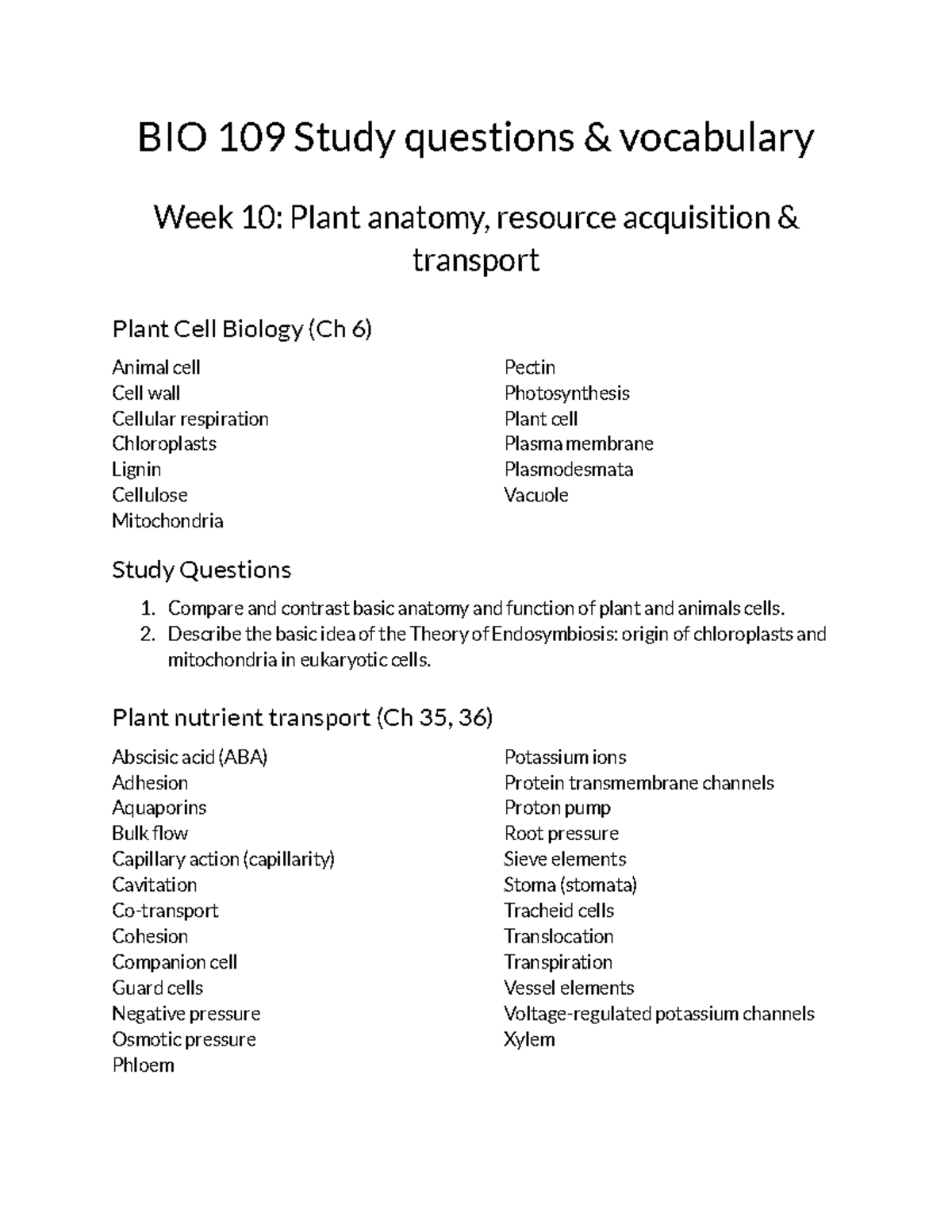 BIO 109 Unit 3 Vocabulary and Study Questions - BIO 109 Study questions ...