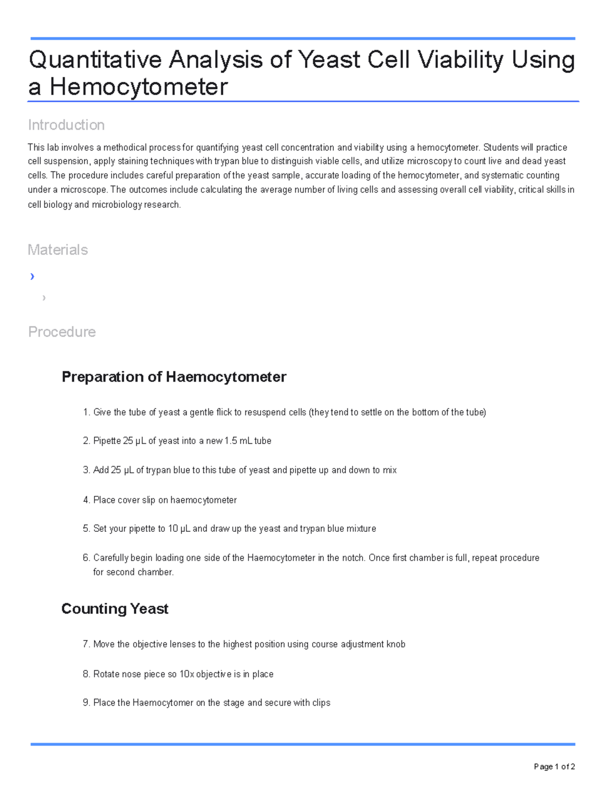 Benchling Protocols Lab 2 - Quantitative Analysis of Yeast Cell Viability Using a Hemocytometer ...
