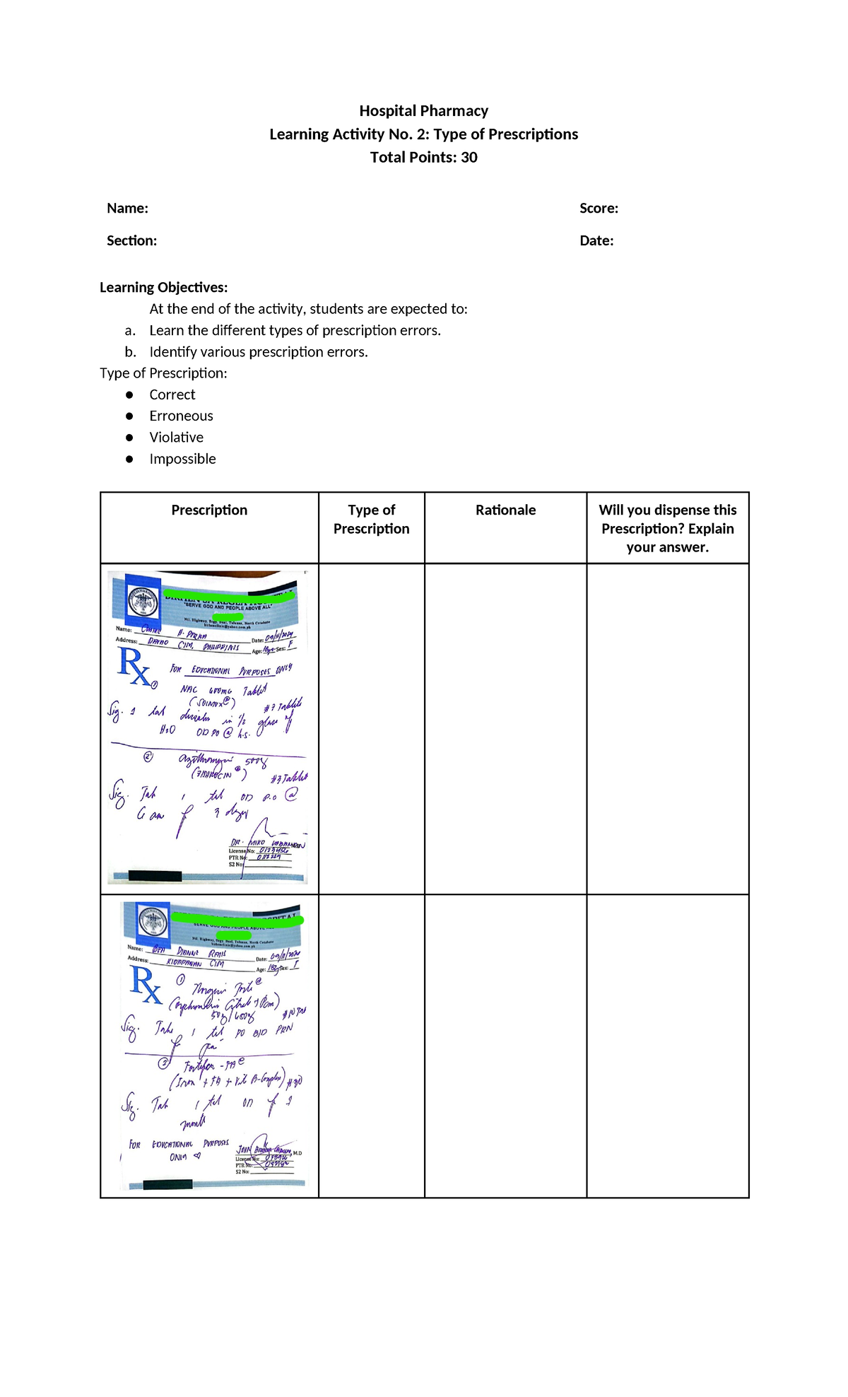 USM Hospital Pharm Learning Activity 2 - Hospital Pharmacy Learning ...