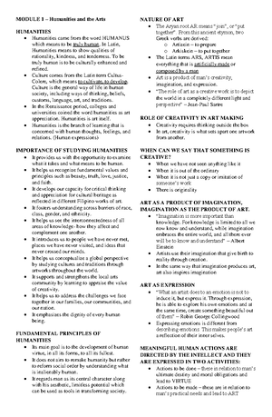 Humanities - Summary Arts Appreciation - HUM 1 REVIEWER ARTS ...