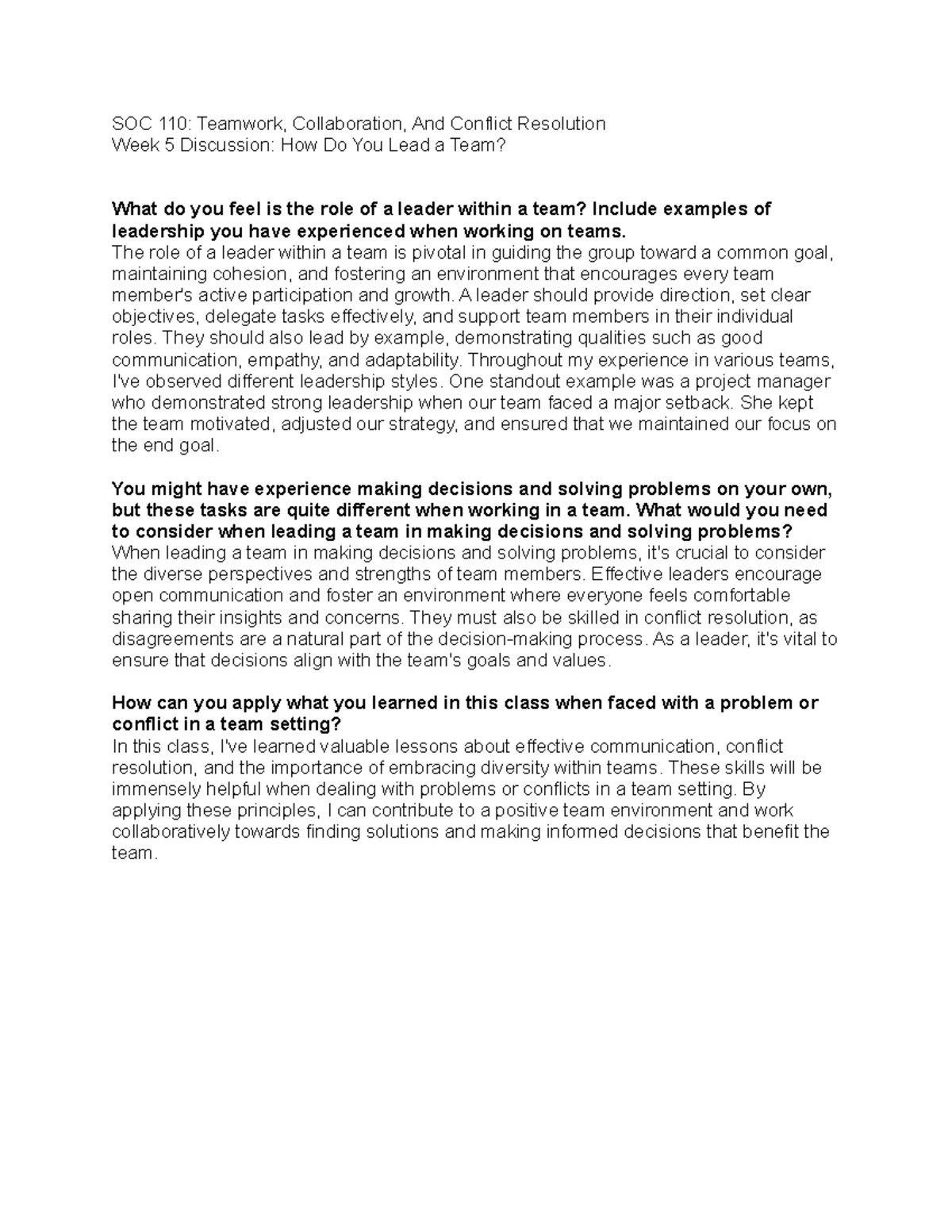 Week 5 Discussion Board - SOC 110: Teamwork, Collaboration, And ...