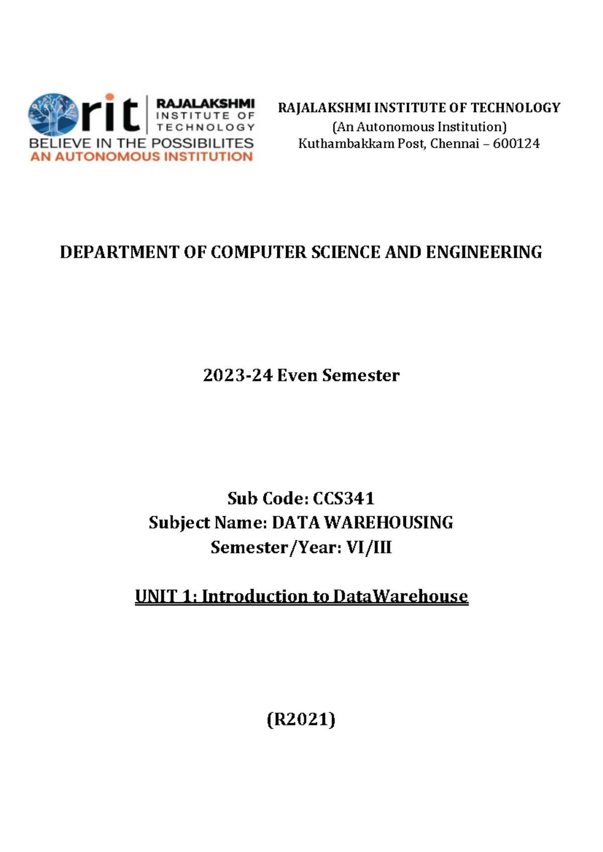1 - first unit complete notes - RAJALAKSHMI INSTITUTE OF TECHNOLOGY (An ...
