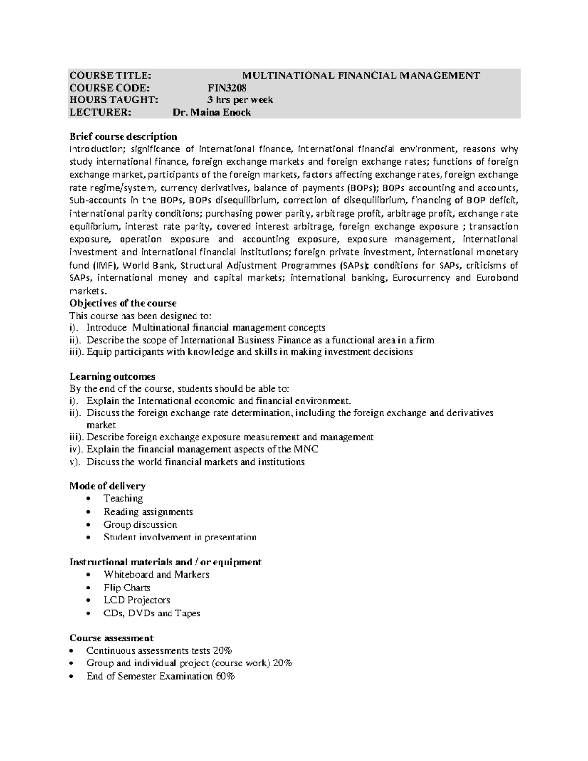 Multinational Financial Management FIN- 3208 Scheme of Work - COURSE ...