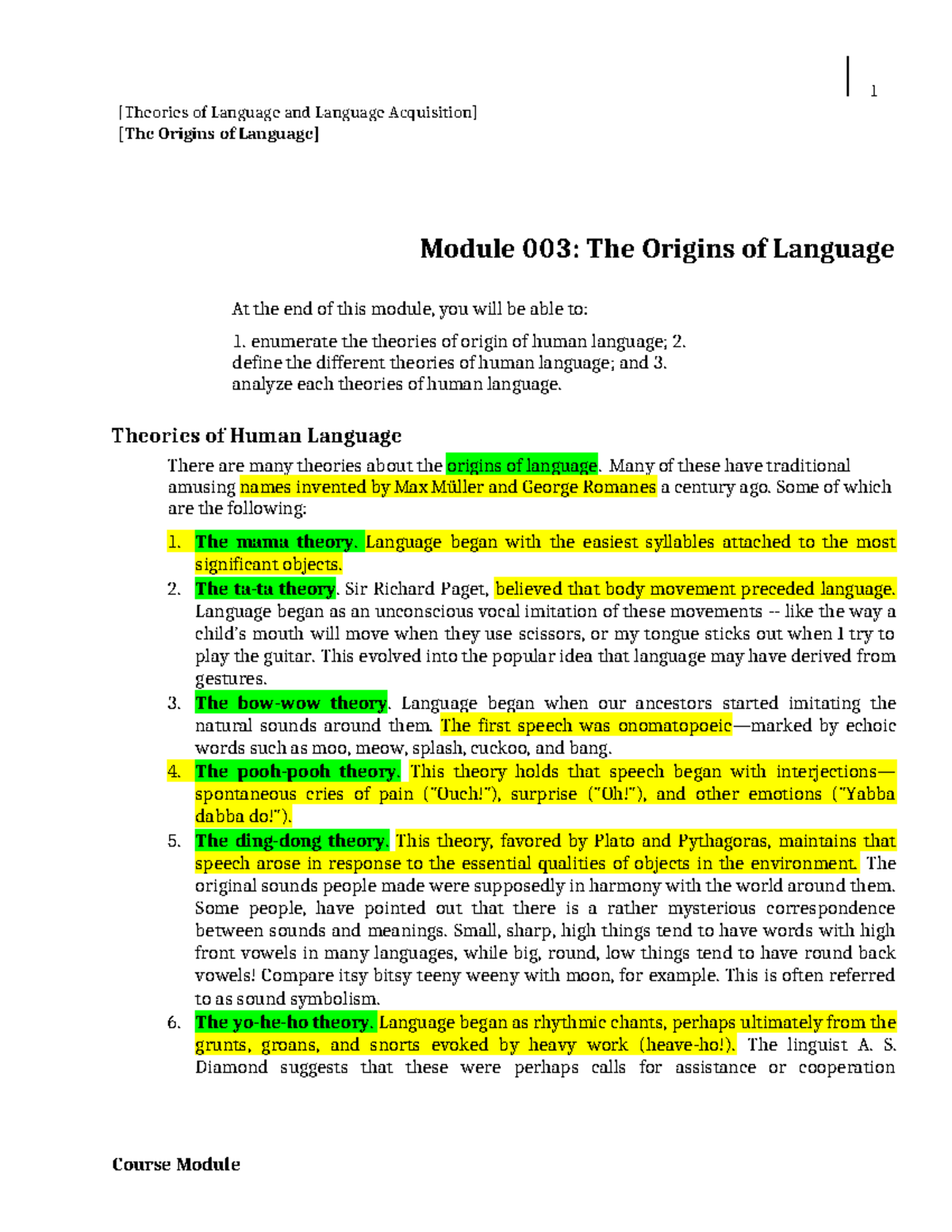 Module 3 Theories of Origin of Human Language - 1 [Theories of Language ...