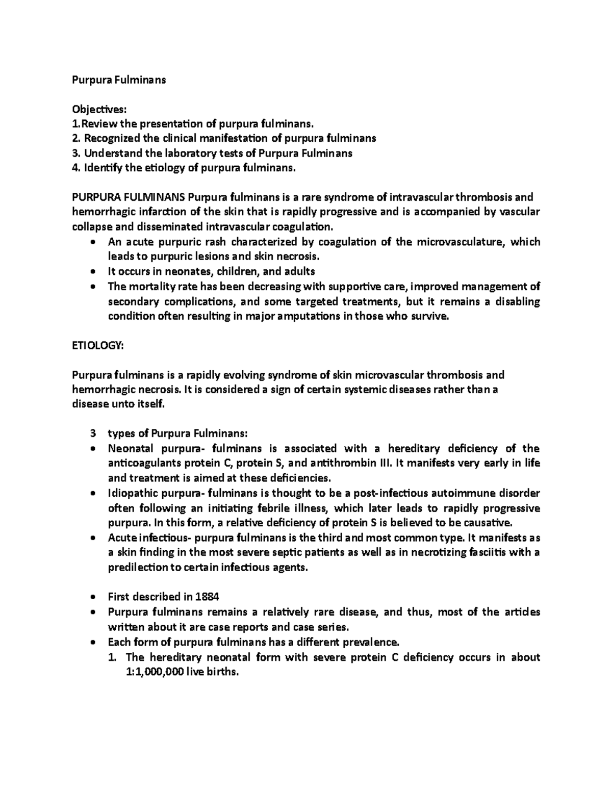 Purpura Fulminans Baling - Purpura Fulminans Objectives: 1 the ...