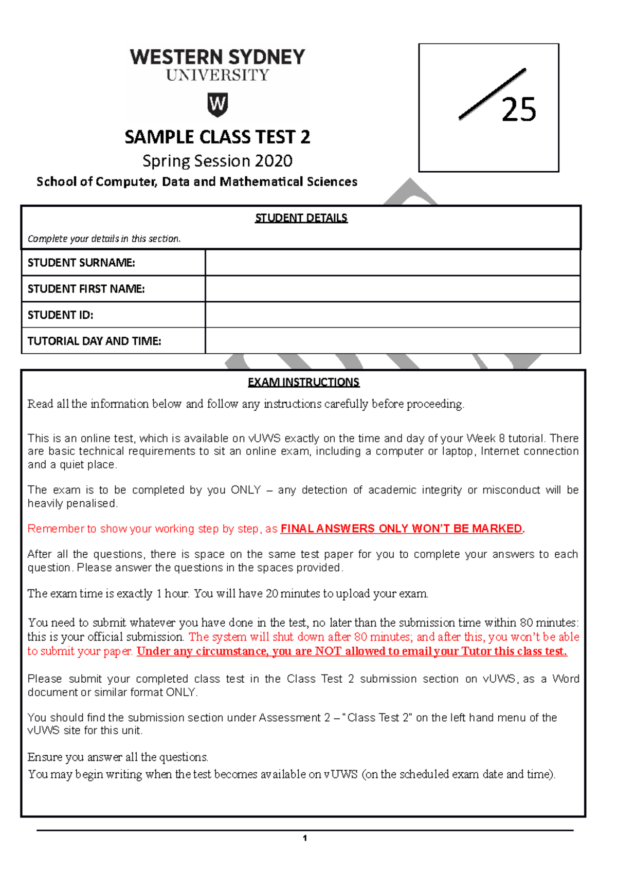 Sample Class Test 2 - SAMPLE CLASS TEST 2 Spring Session 2020 25 School ...