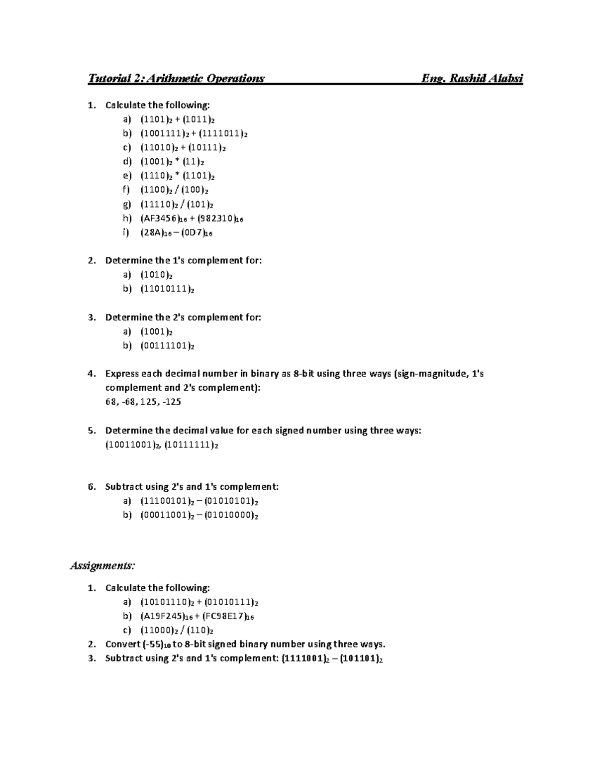 Tutorial 2 - Arithmetic Operations - Tutorial 2 : Arithmetic Operations Eng. Rashid Alabsi ...