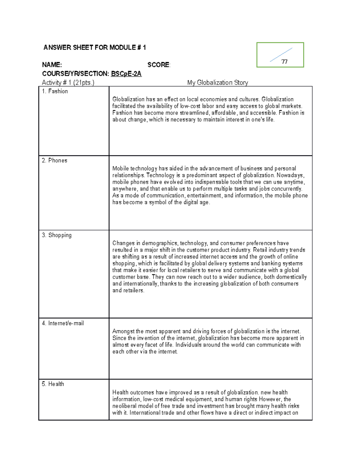 The Contemporary World - ANSWER SHEET FOR MODULE # 1 NAME: SCORE ...