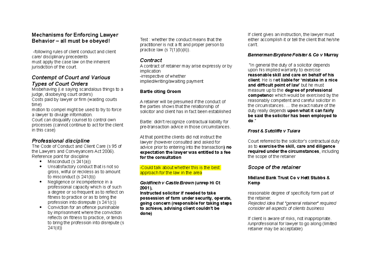 Summarising ethics notes - Mechanisms for Enforcing Lawyer Behavior ...