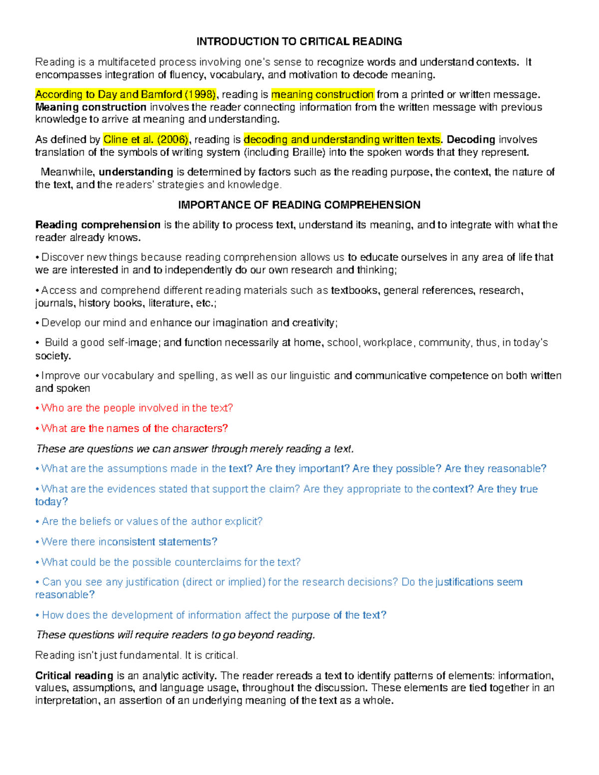CRWT Prelim - INTRODUCTION TO CRITICAL READING Reading is a ...