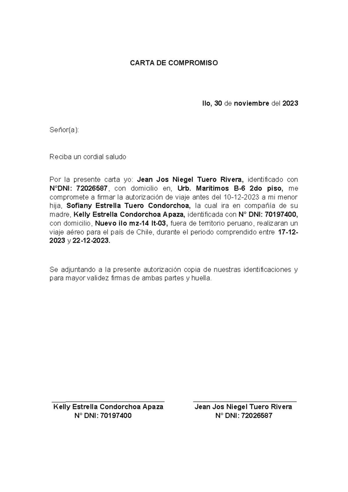 Carta DE Compromiso - CARTA DE COMPROMISO Ilo, 30 de noviembre del 2023 ...