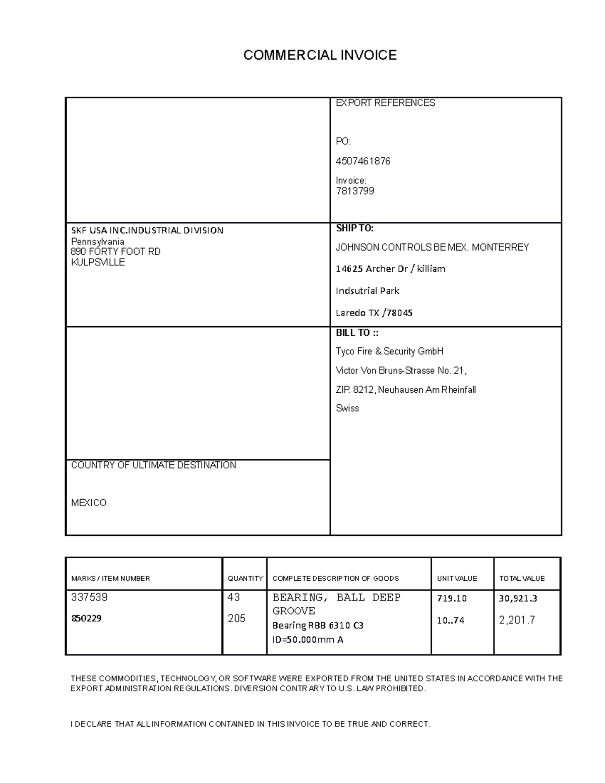 Proforma SKF-337539 - 850229 - COMMERCIAL INVOICE EXPORT REFERENCES PO ...