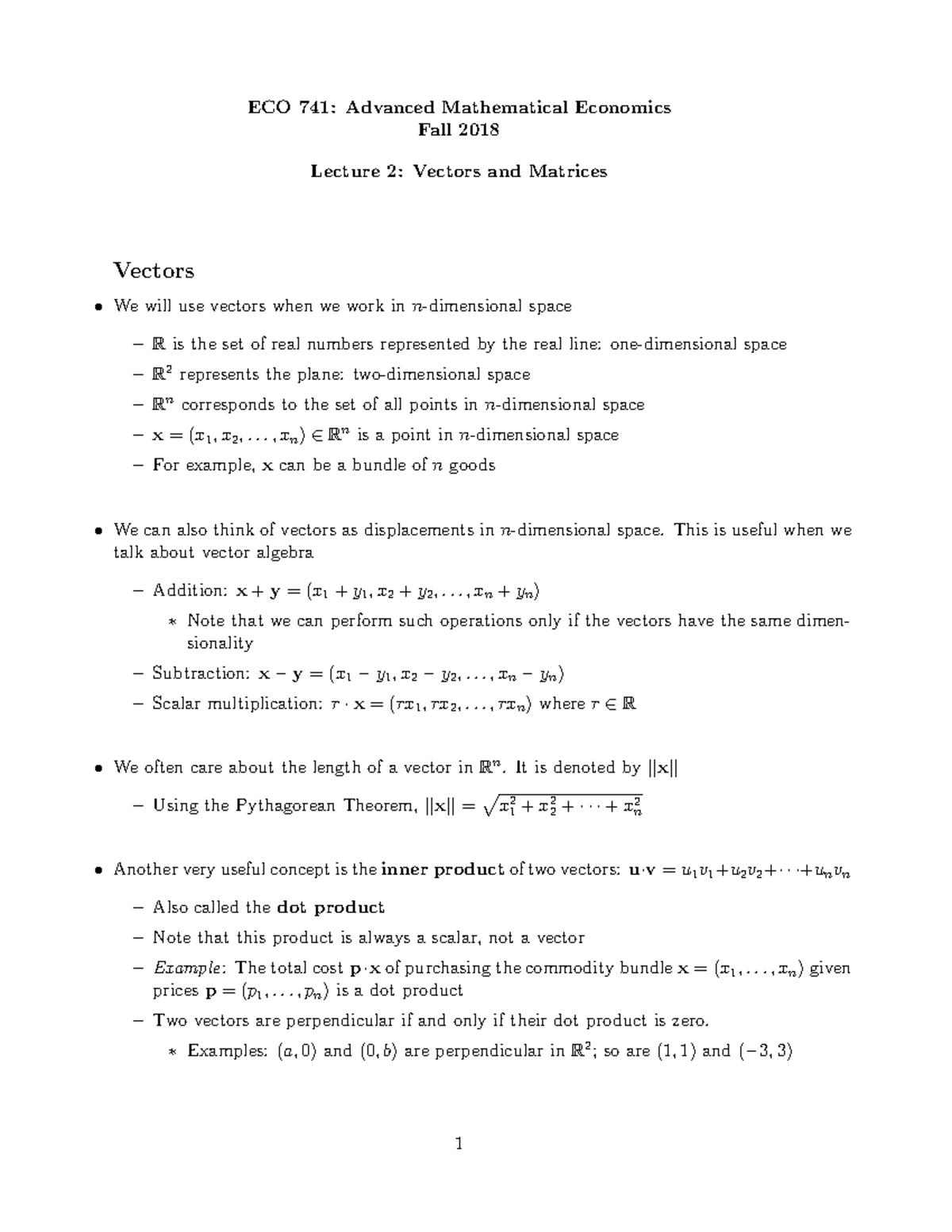 Lecture 2-Linear Algebra - ECO 741: Advanced Mathematical Economics ...