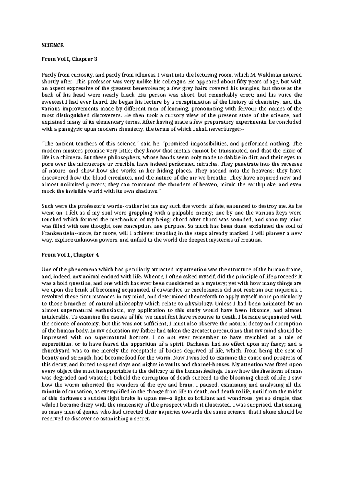 Frankenstein lesson 24 close reading extracts - SCIENCE From Vol I ...