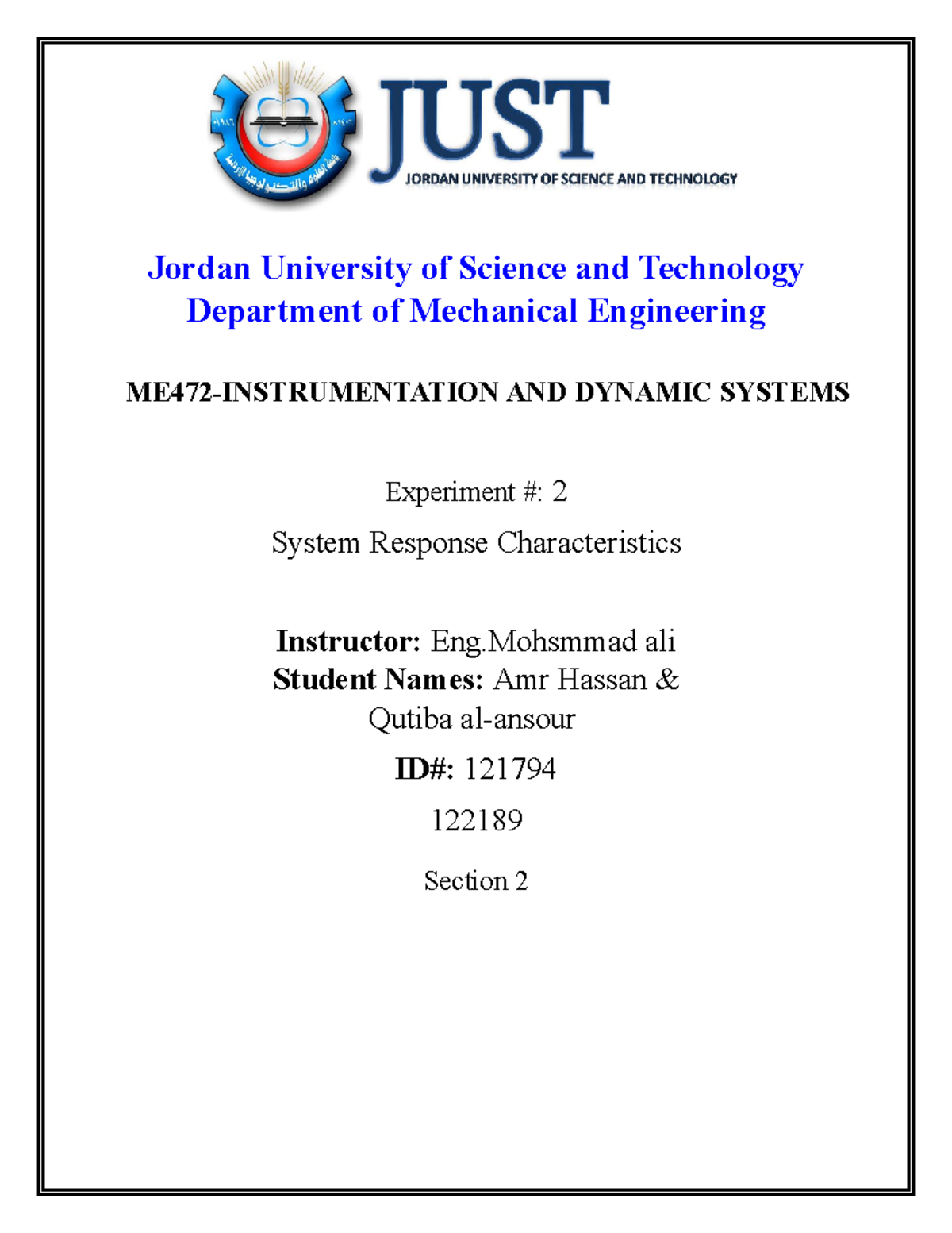 Exp 2 - exp 2 - Jordan University of Science and Technology Department ...