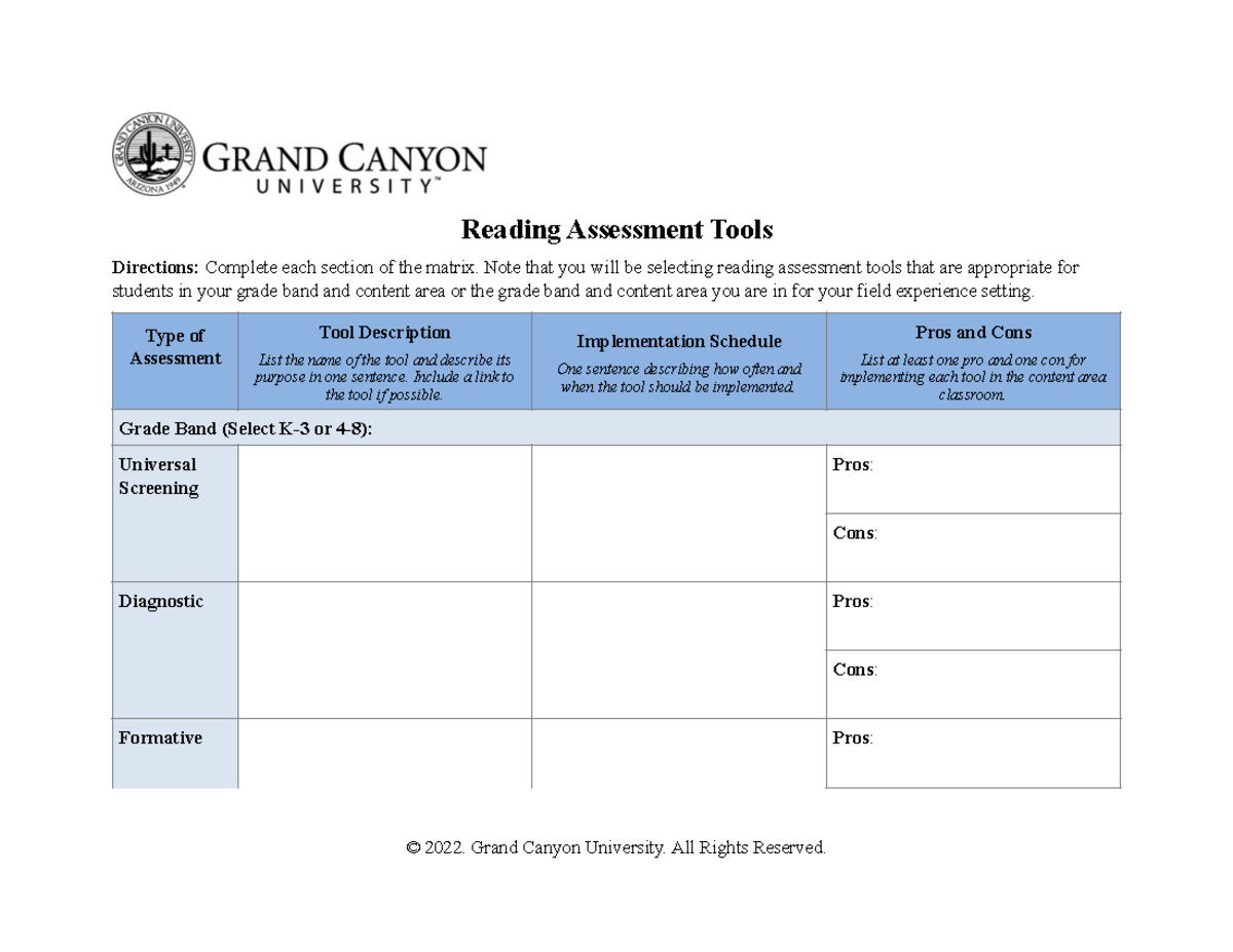 REA-325- Reading Assessment Tools - Reading Assessment Tools Directions ...