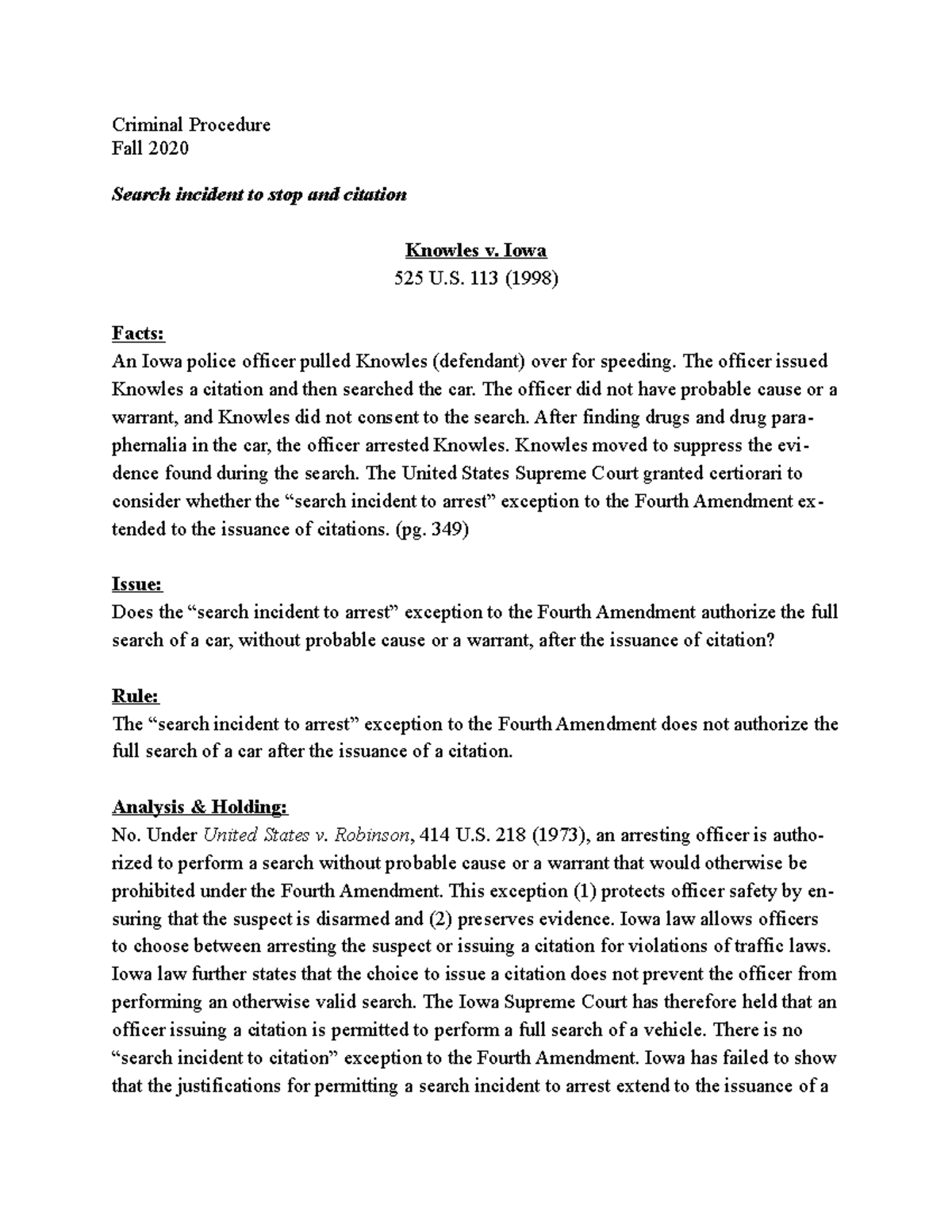 Criminal Procedure Fall 2020 Search incident to stop and citation ...