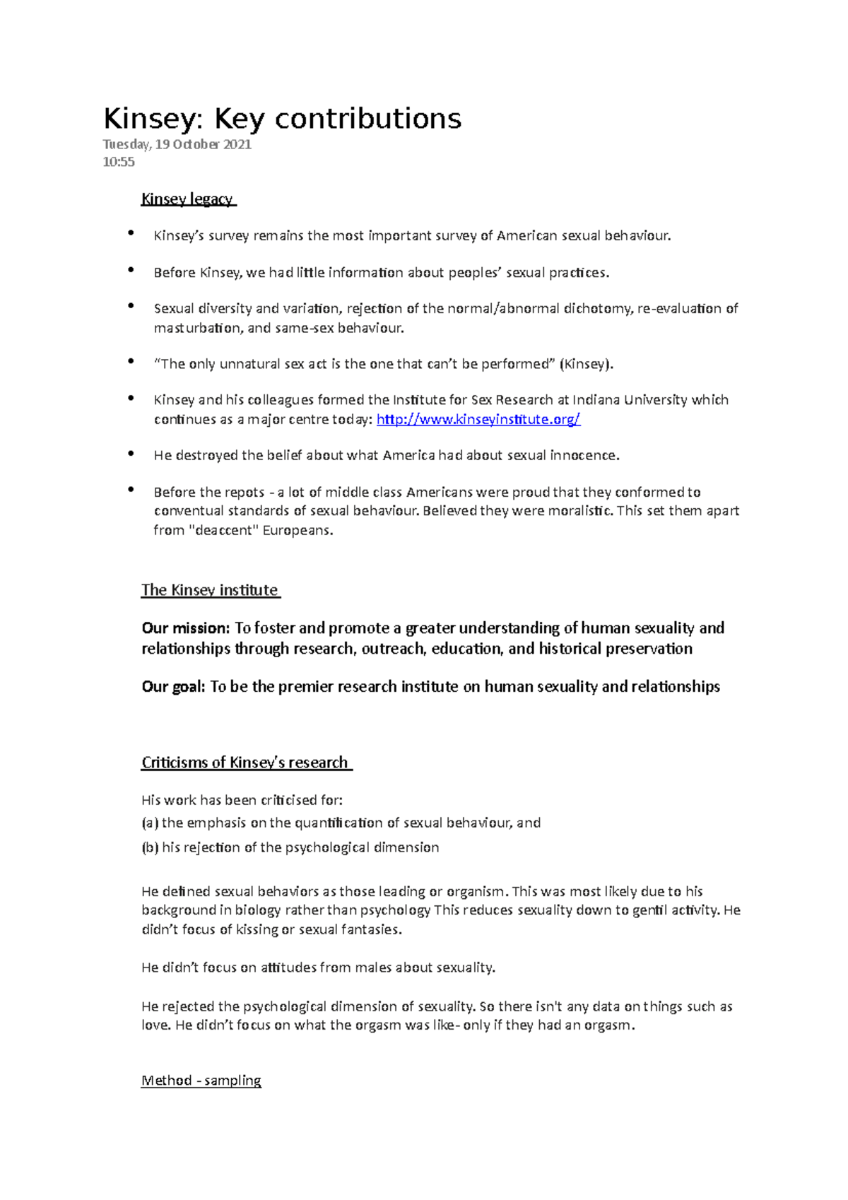 Kinsey- Key contributions - Kinsey: Key contributions Tuesday, 19 ...