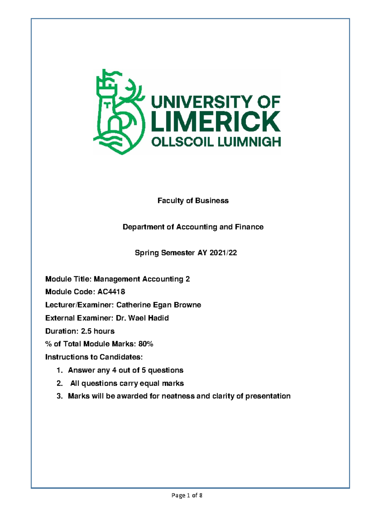 AC4418 - exam paper - Faculty of Business Department of Accounting and ...