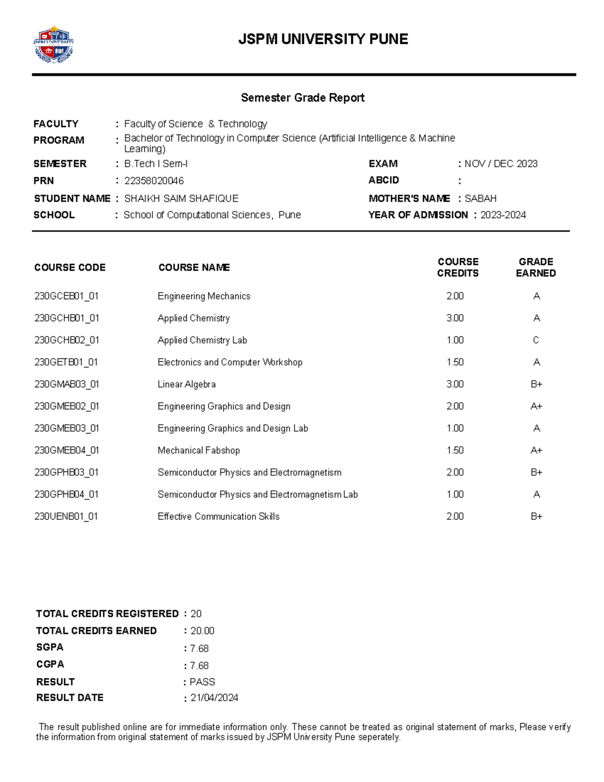 1235 Instance Wise Mark Sheet Report - JSPM UNIVERSITY PUNE STUDENT NAME PRN : : SHAIKH SAIM ...