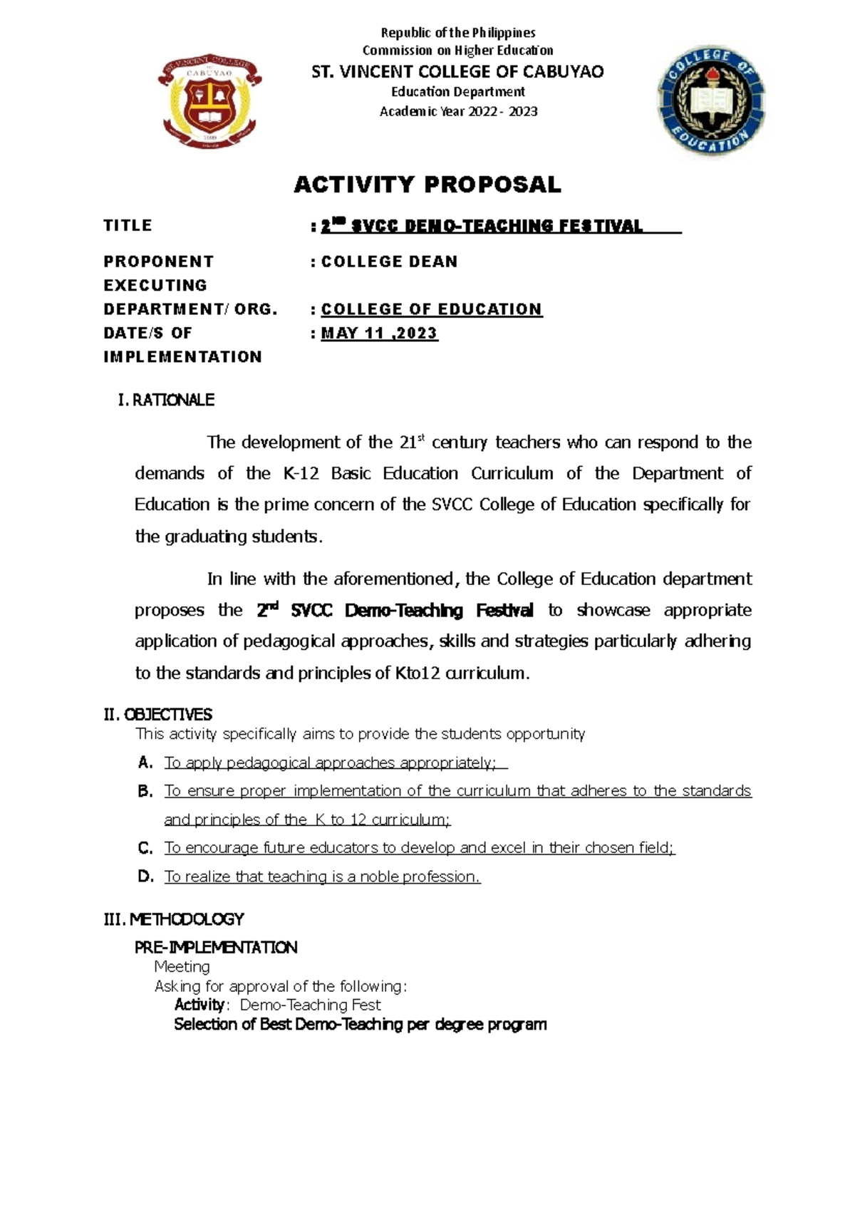 Proposal- Template - ACTIVITY PROPOSAL TITLE : 2 ND SVCC DEMO-TEACHING ...