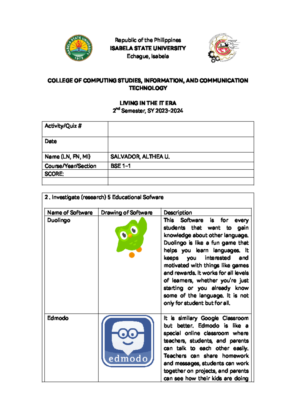 IT ERA - assignment it era - Republic of the Philippines ISABELA STATE UNIVERSITY Echague ...