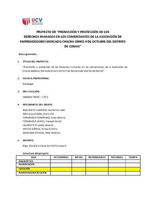 Esquema Proyecto Promoción DE DDHH - PROYECTO DE RESPONSABILIDAD SOCIAL Datos generales: 1 ...