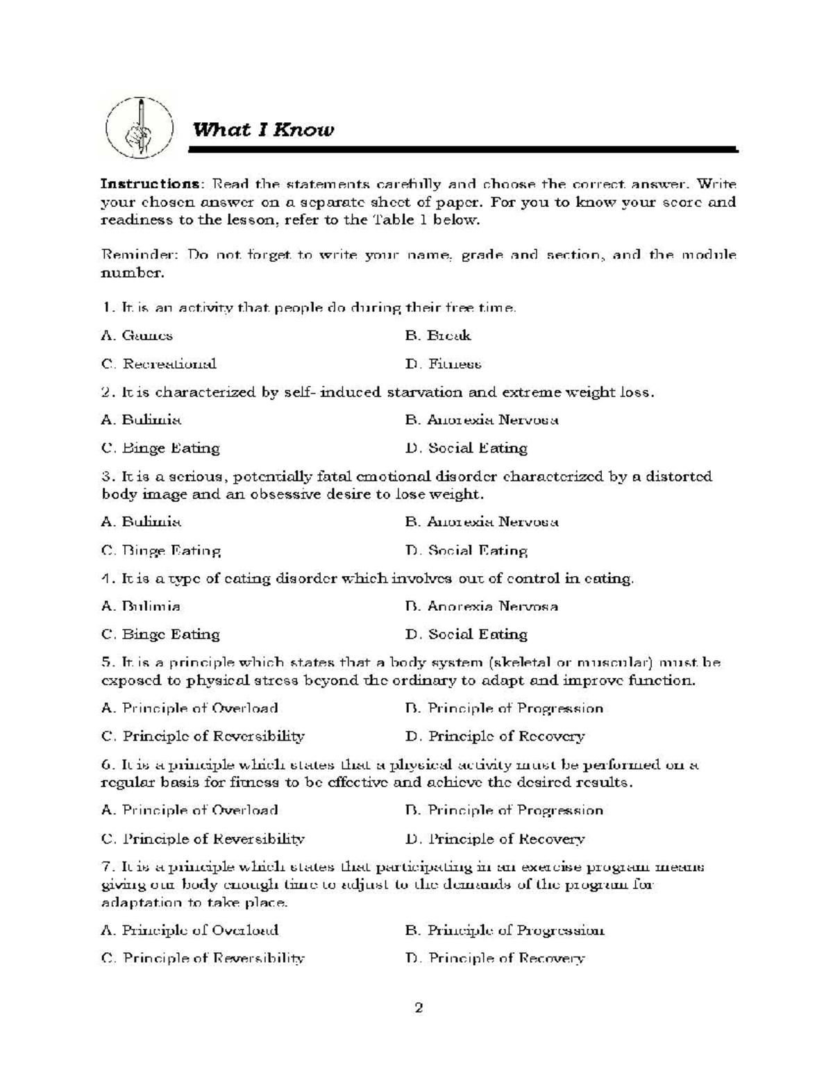 Q3 HOPE 4 Module 1 - NOTES - What I Know Instructions: Read the ...