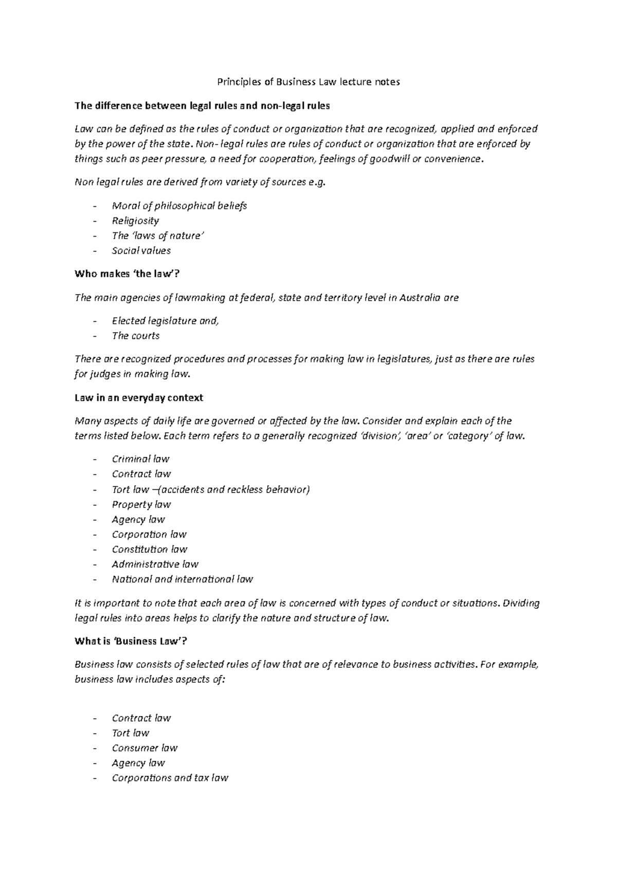 Principles of Business Law lecture notes - BLAW10001 - Unimelb - Studocu