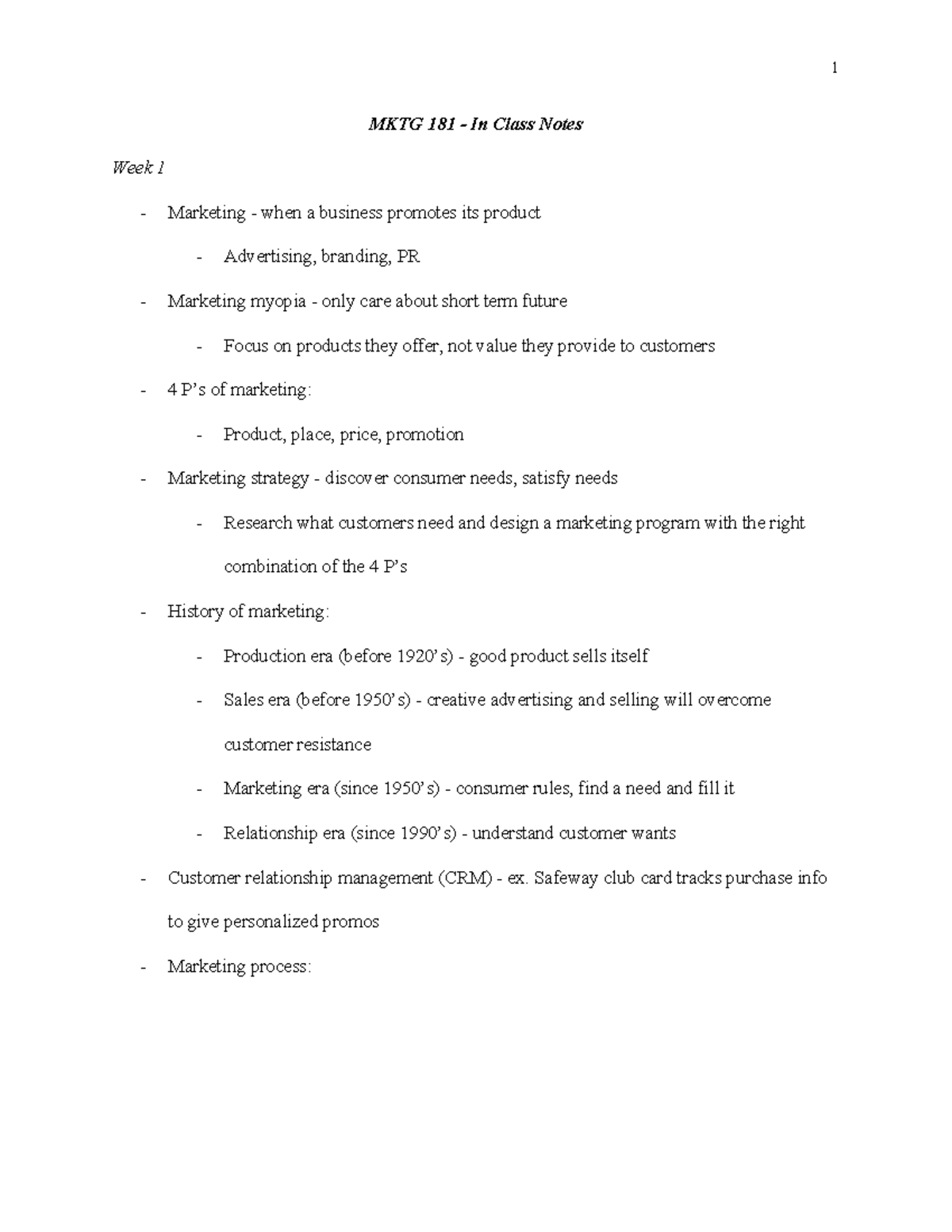 Class Lecture Notes - MKTG 181 - In Class Notes Week 1 Marketing - when ...