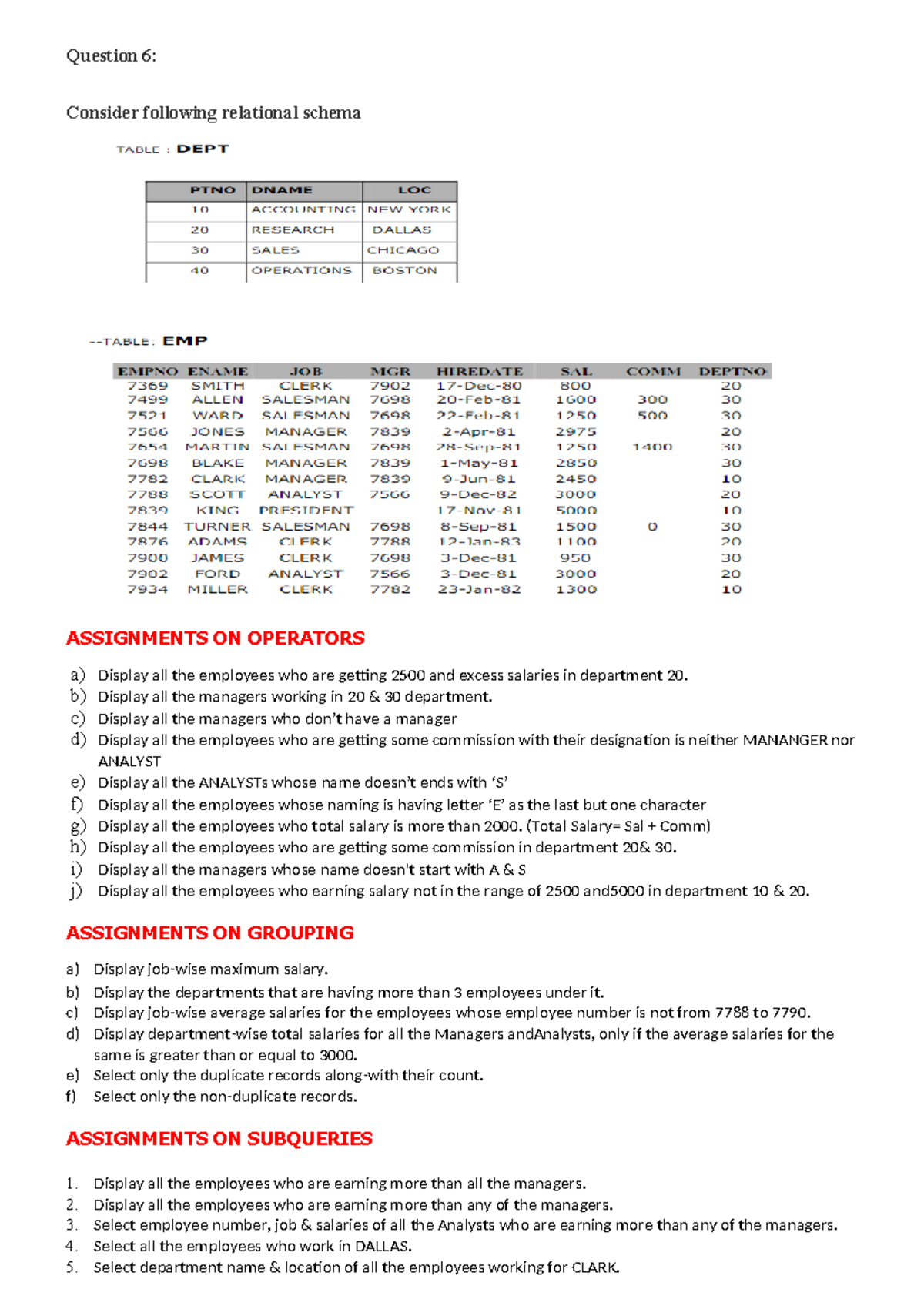 Practice Question - Question 6: Consider following relational schema ASSIGNMENTS ON OPERATORS a ...